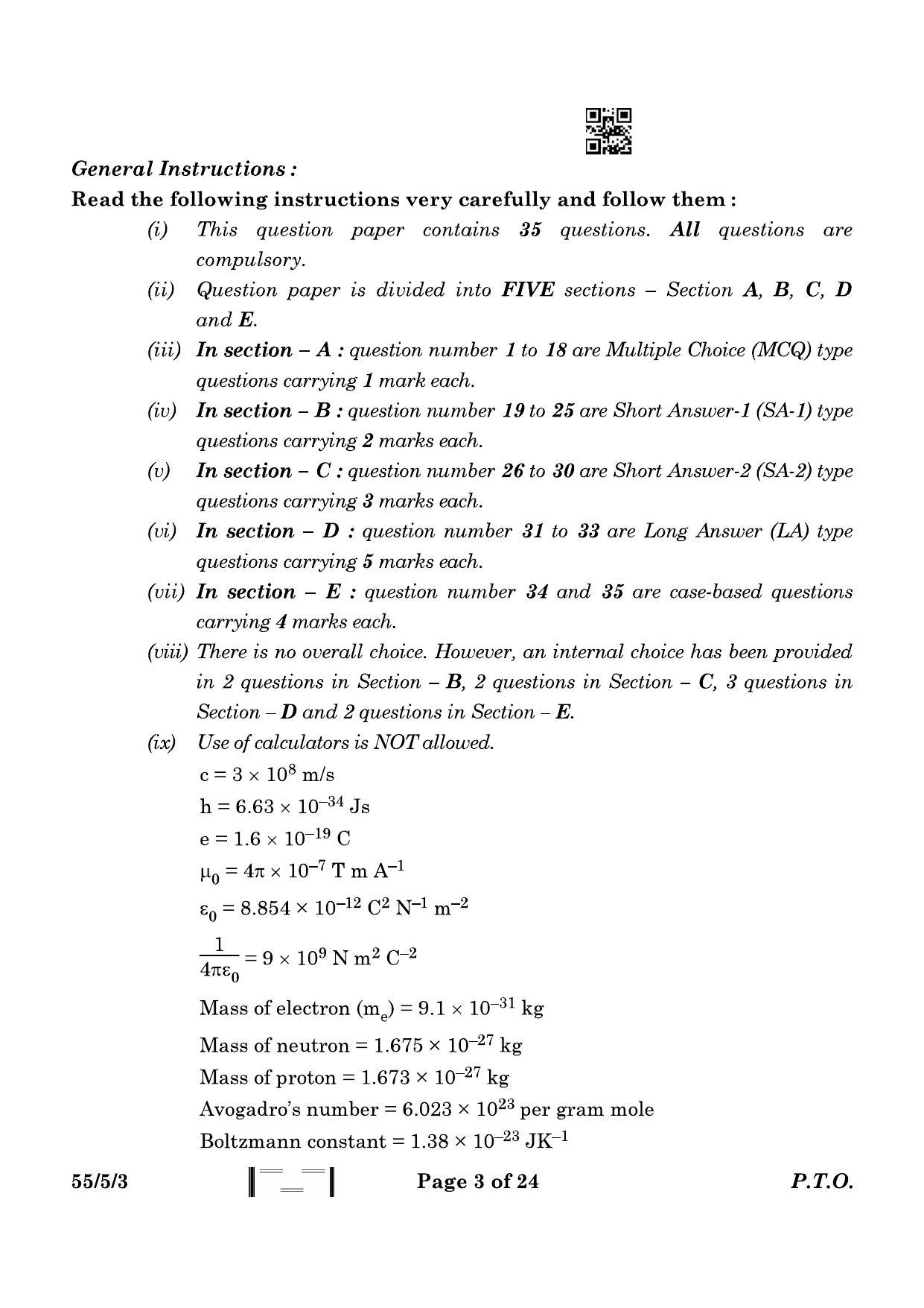 CBSE Class 12 55-5-3 Physics 2023 Question Paper - IndCareer Docs