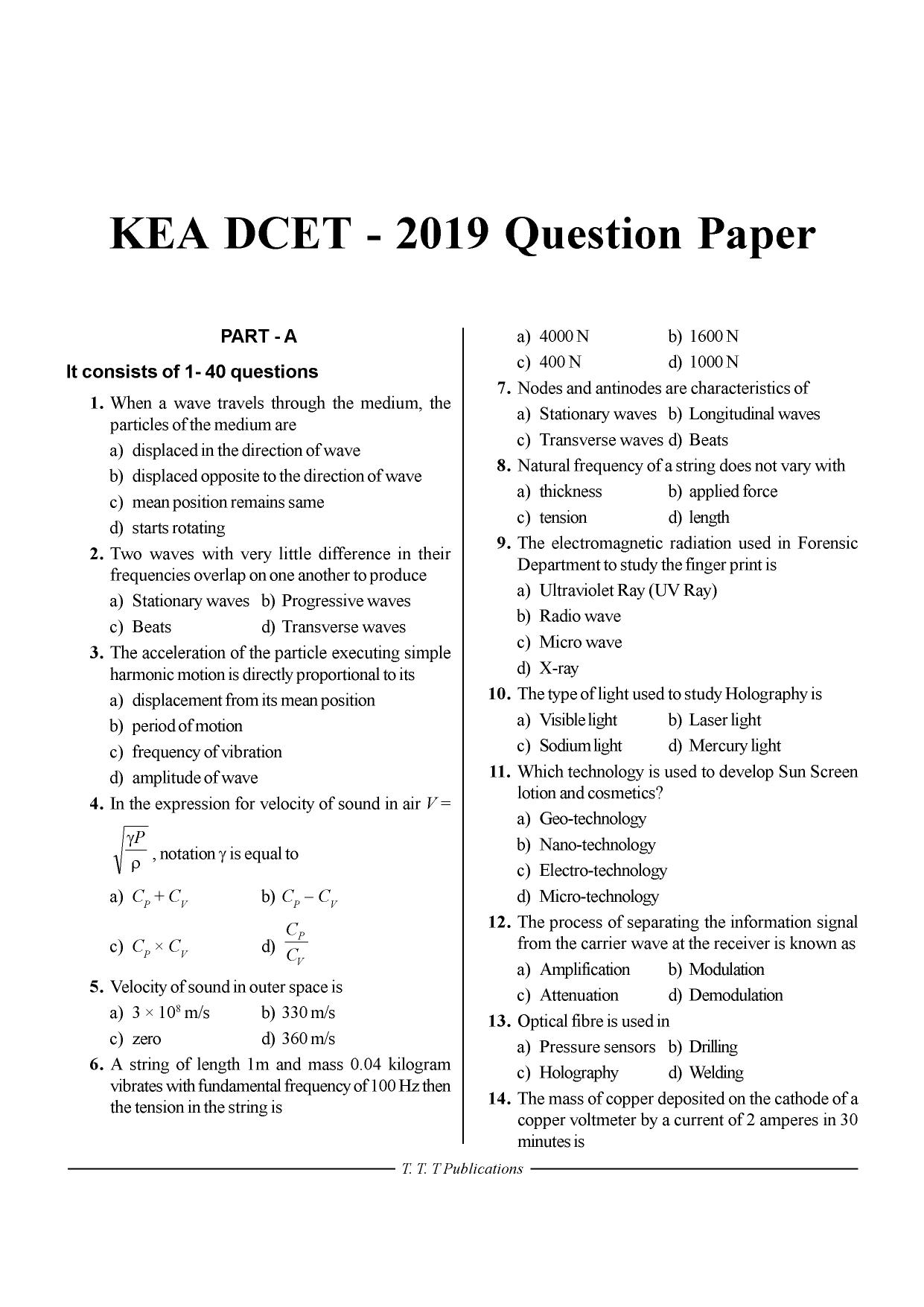 Karnataka DCET 2019 Question Paper - IndCareer Docs