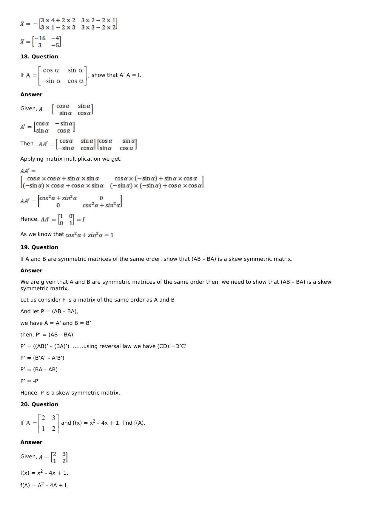 RS Aggarwal Solutions for 12th Class Maths Chapter 5-Matrices ...