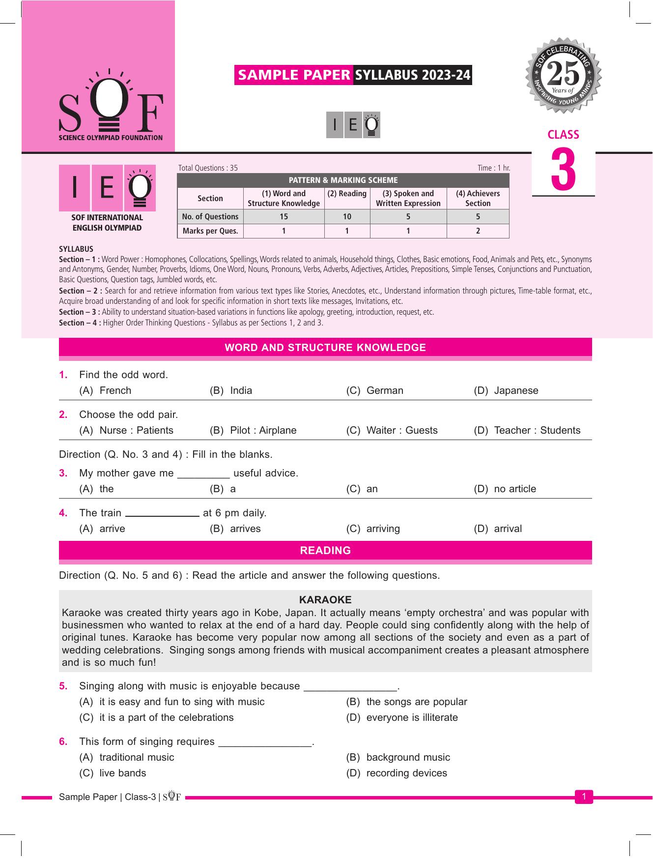 SOF IEO Class 3 (2023-2024) Sample Paper - IndCareer Docs