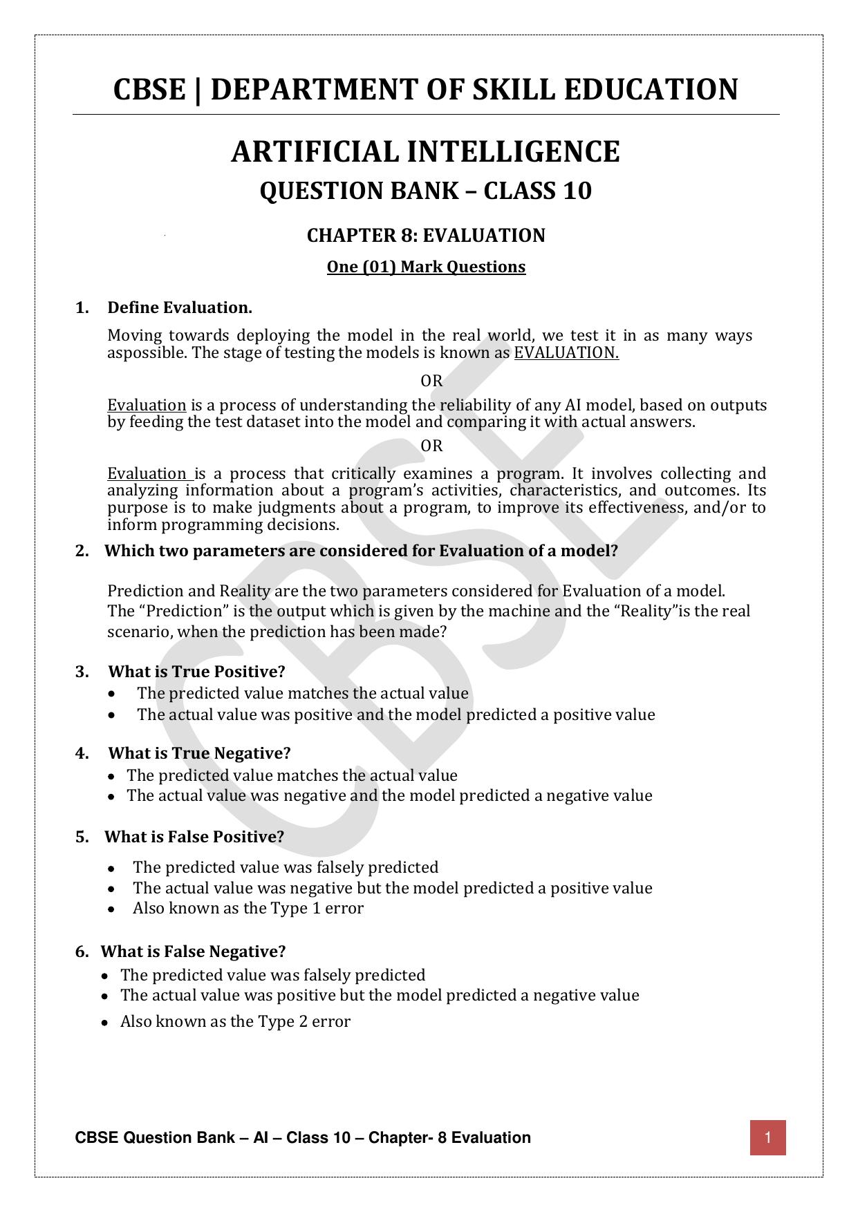 CBSE Class 10 Artificial Intelligence - Chapter 8 Question Bank - IndCareer Docs