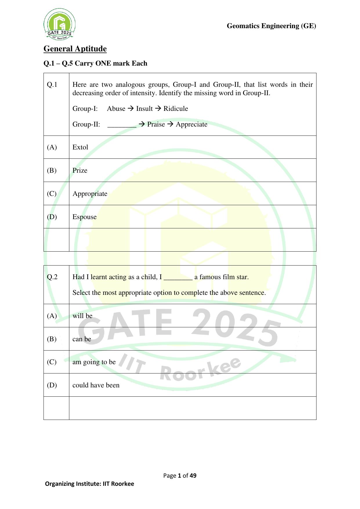 GATE 2025 Geomatics Engineering (GE) Question Paper - IndCareer Docs