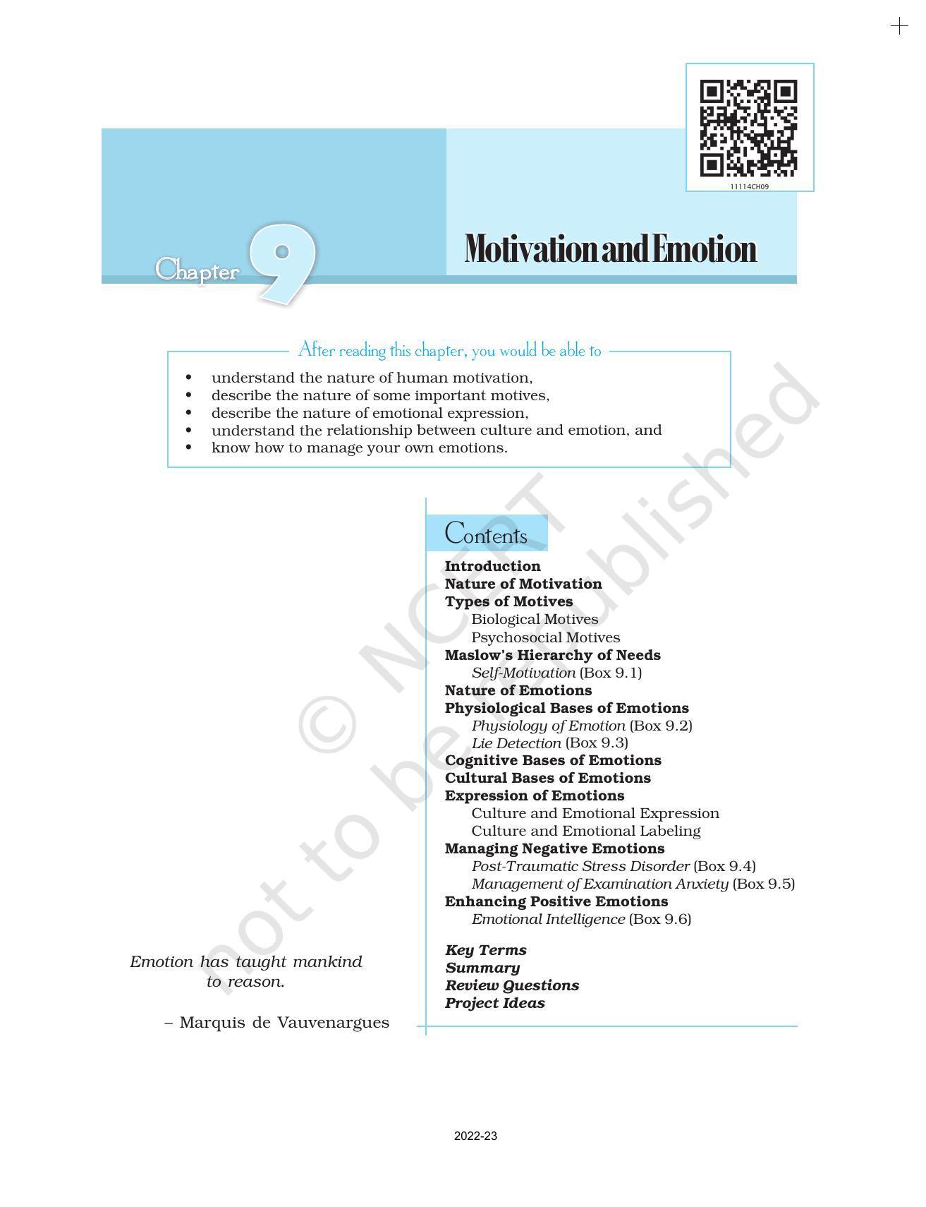 NCERT Book for Class 11 Psychology Chapter 9 Motivation