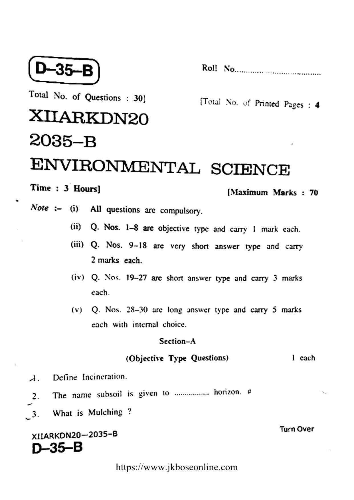 JKBOSE Class 12 Environmental-Science 2035-B Question Papers 2020 ...