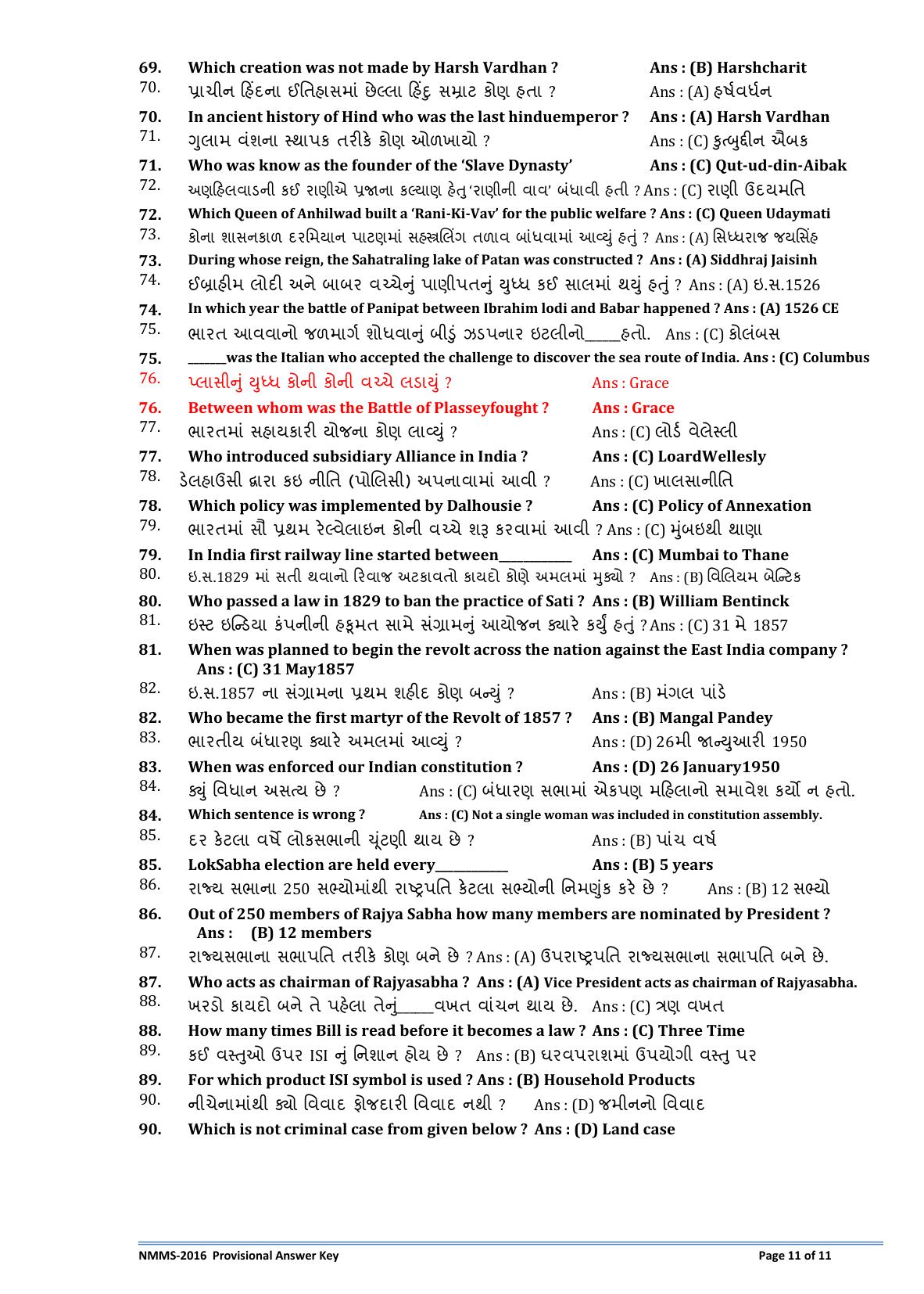 Gujarat NMMS 2016 Answer Key - IndCareer Docs