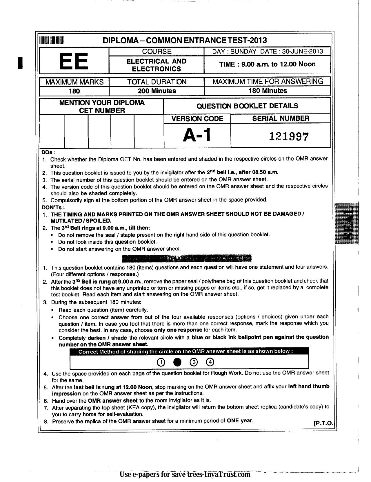 Karnataka Diploma CET- 2013 Electrical and Electronics Engineering ...
