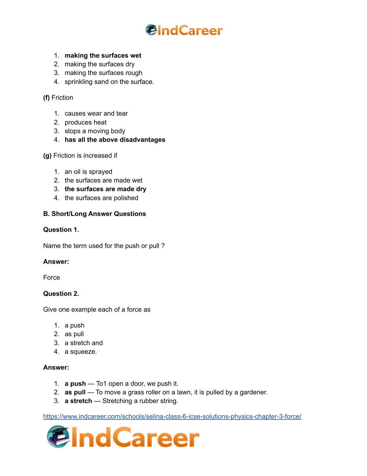Selina Class 6 ICSE Solutions Physics : Chapter 3- Force - IndCareer Docs