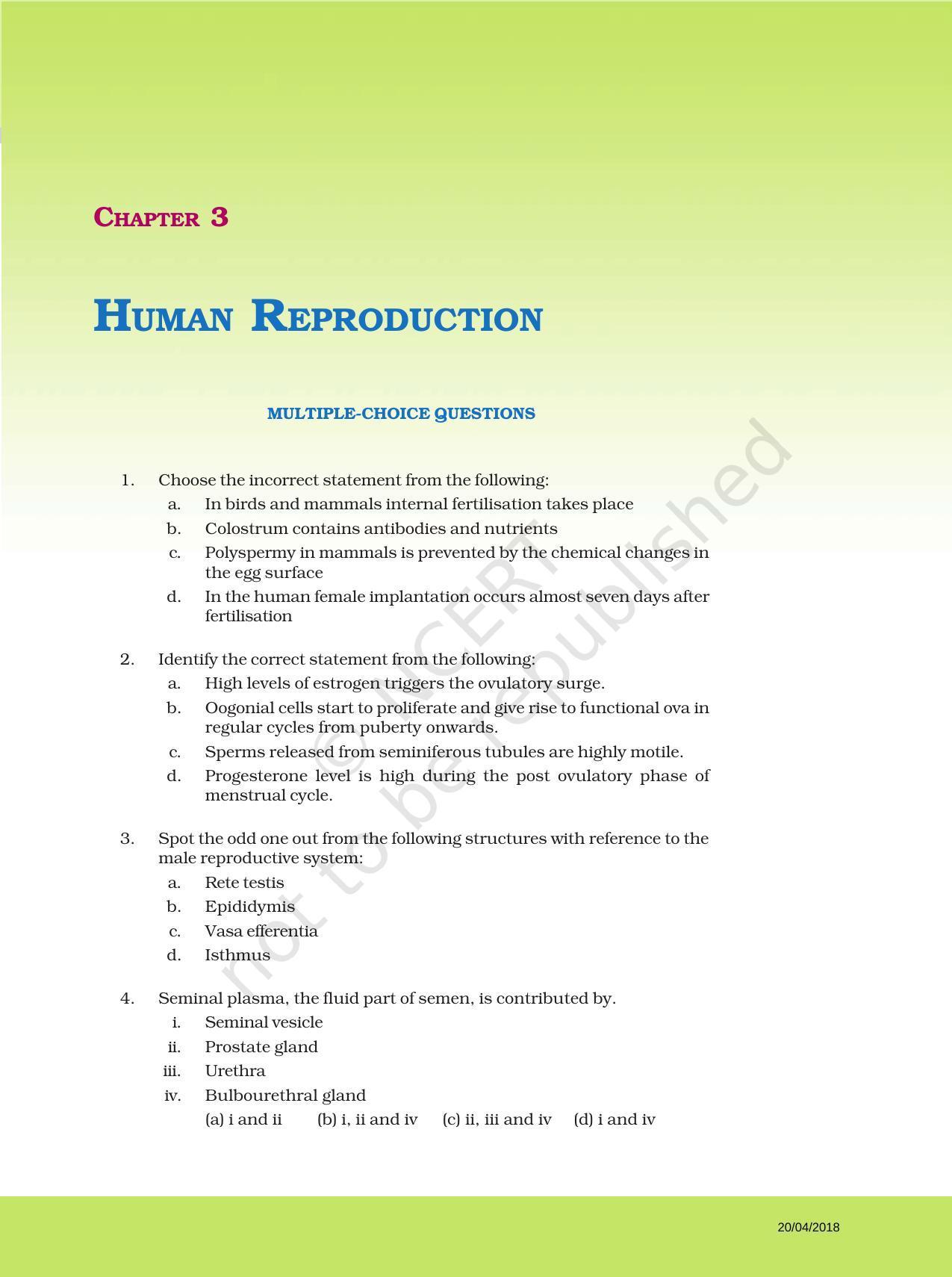 NCERT Exemplar Book for Class 12 Biology Chapter 3 Human Reproduction