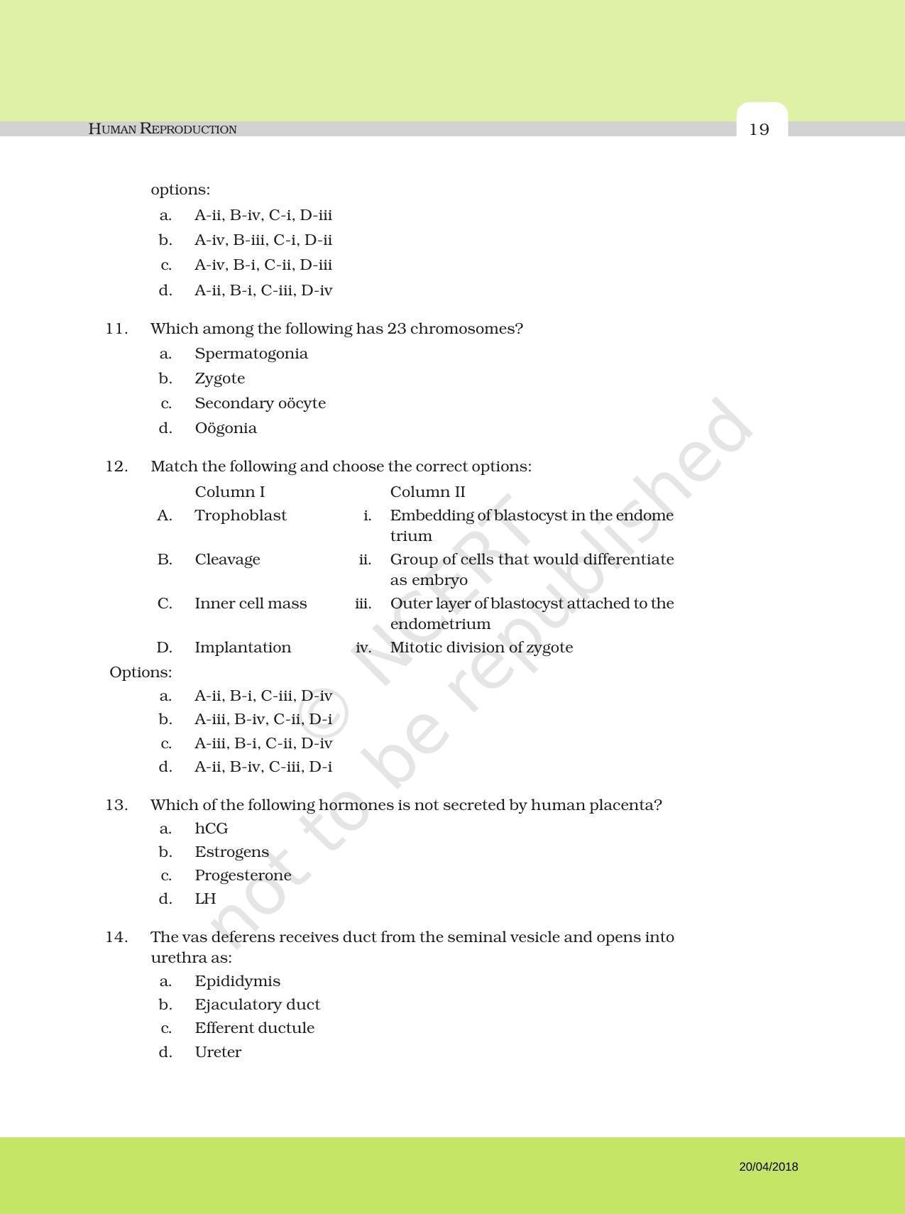 NCERT Exemplar Book for Class 12 Biology Chapter 3 Human Reproduction