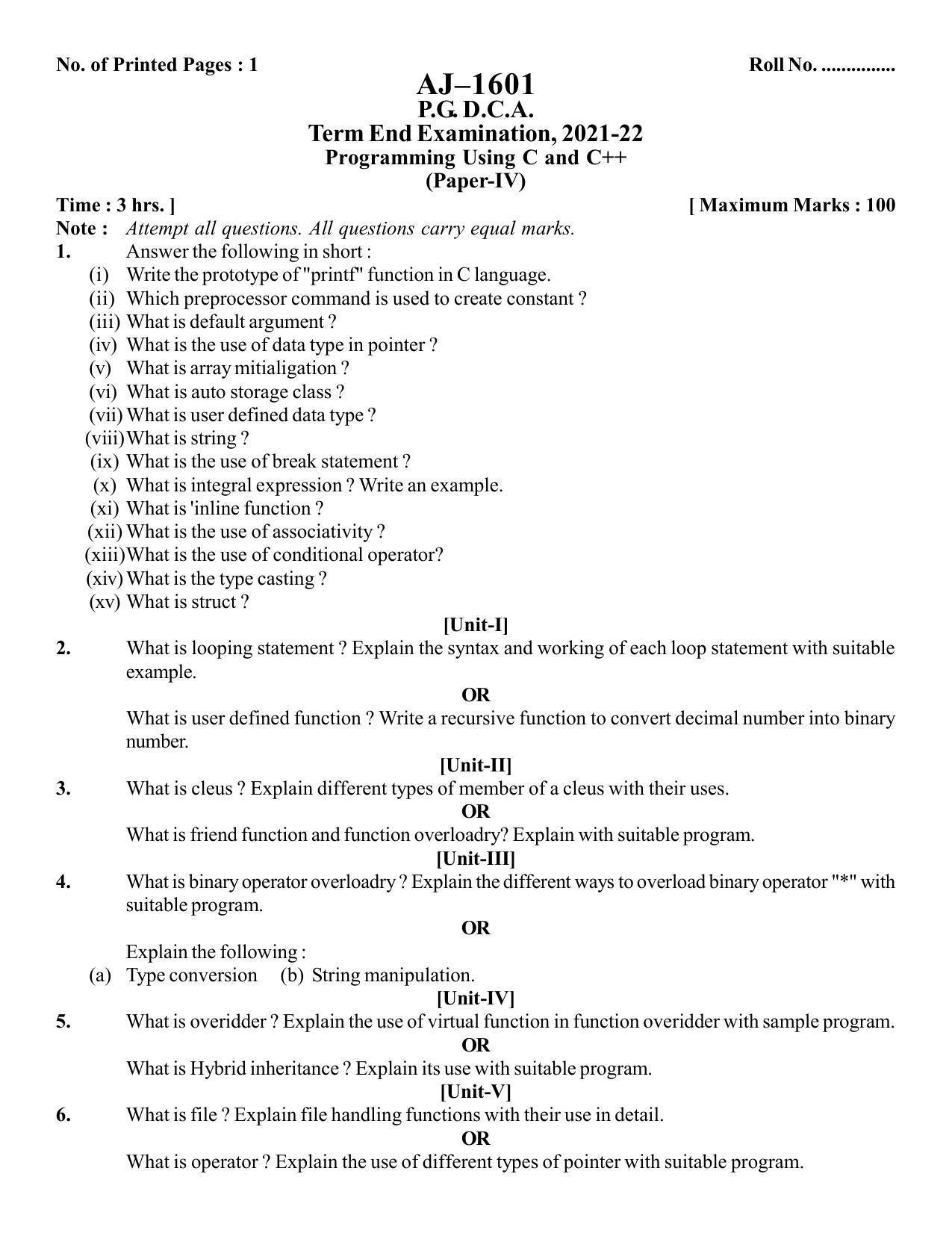 Bilaspur University Question Paper 2021-2022:P.G. Diploma In Computer ...