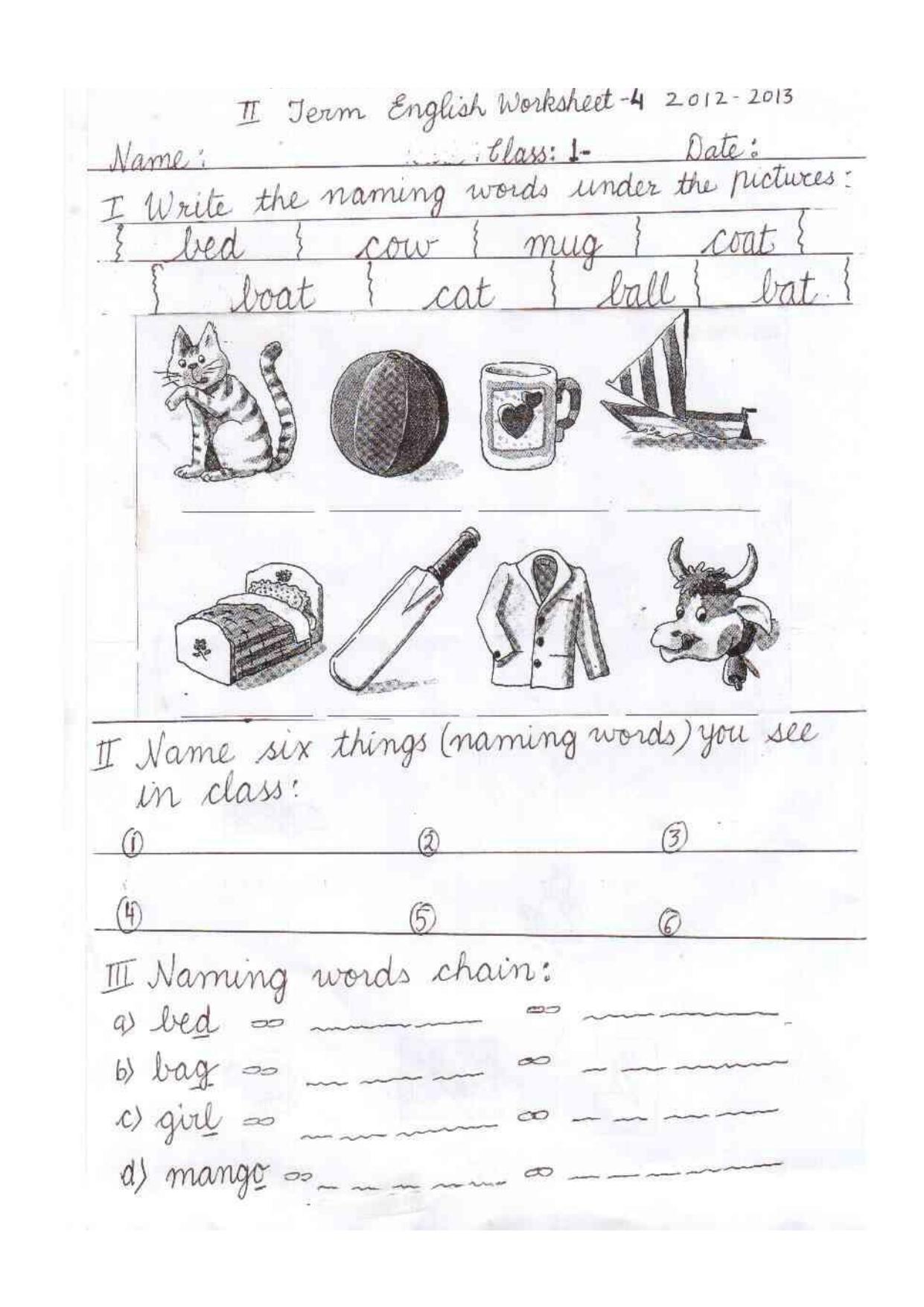Worksheet for Class 1 English Assignment 5 - IndCareer Docs