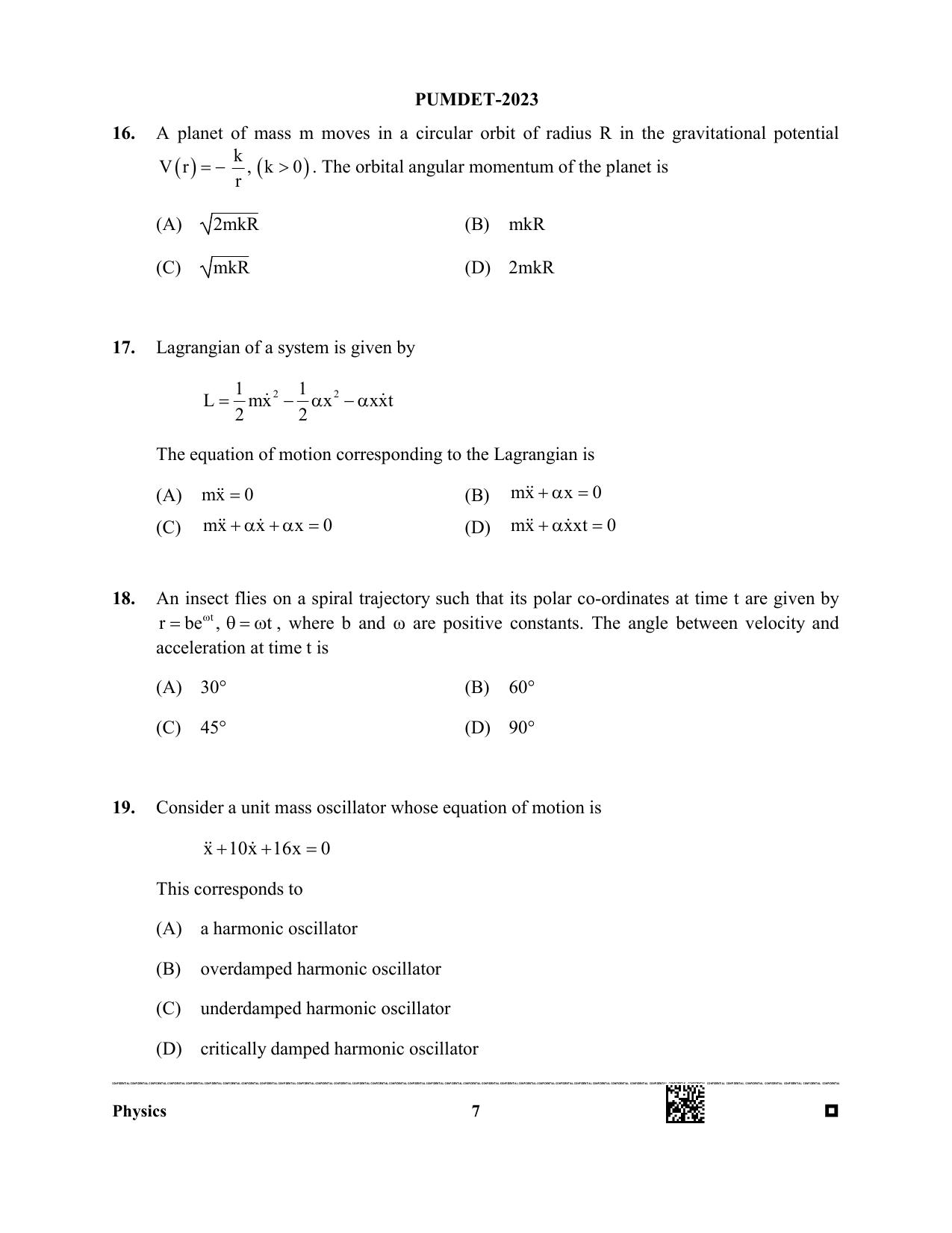 PUBDET 2023 Physics/Astrophysics 1 Question Paper - IndCareer Docs