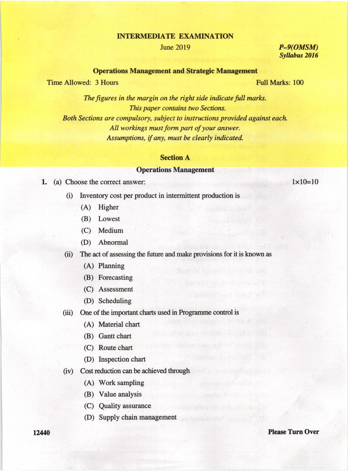 ICMAI June 2019 Operations Management and Strategic Management Question ...