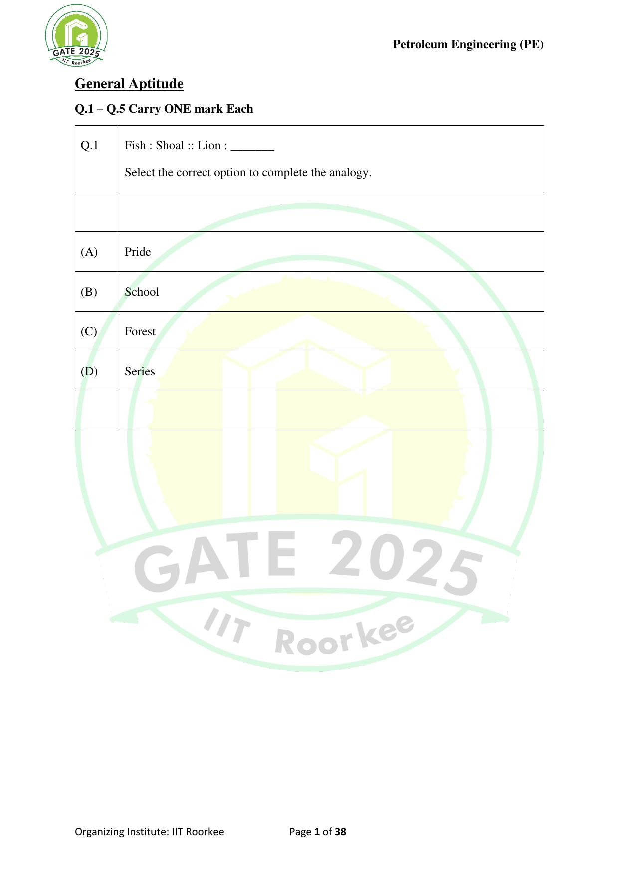 GATE 2025 Petroleum Engineering (PE) Question Paper - IndCareer Docs