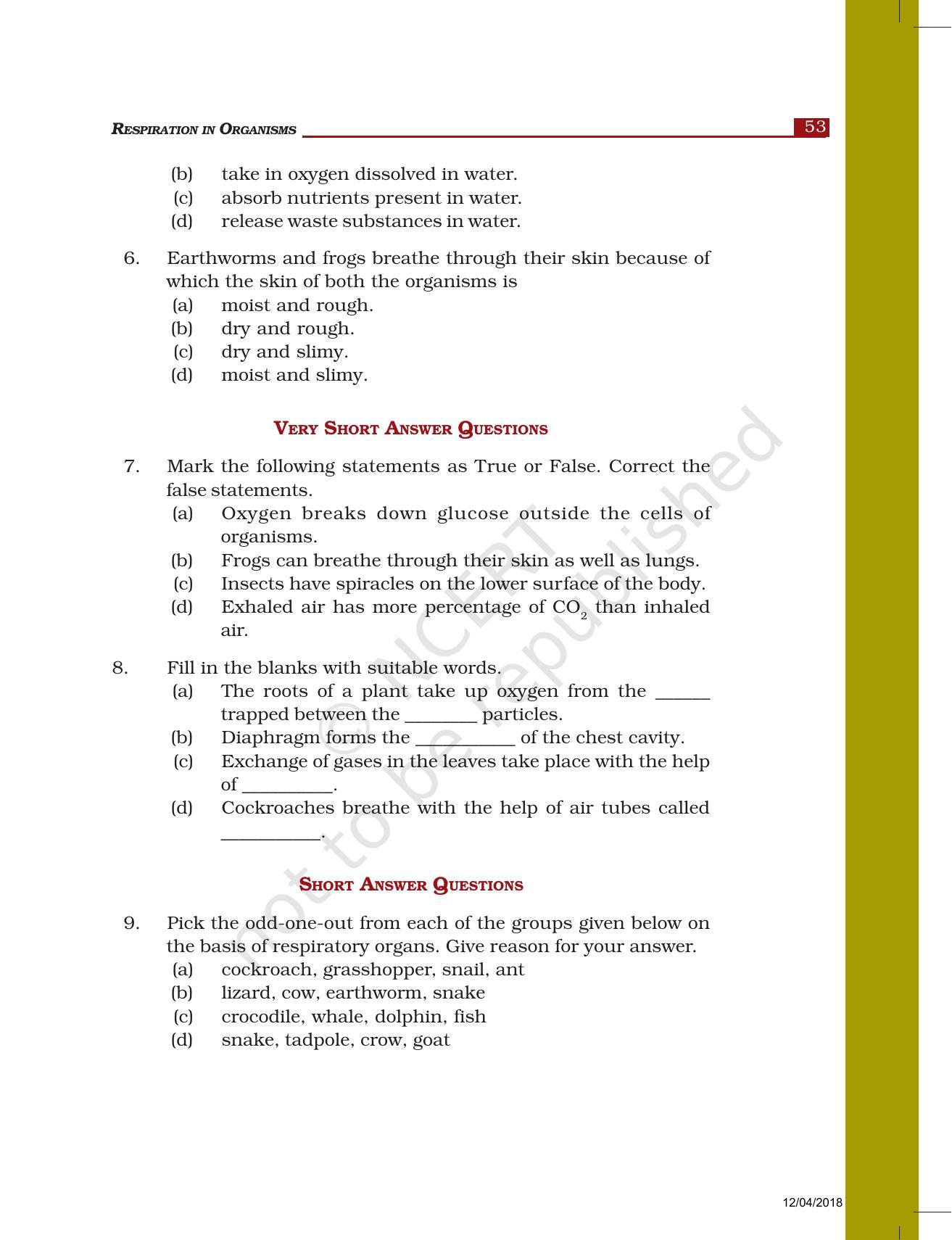 NCERT Exemplar Book for Class 7 Science Chapter 10-Respiration in Organisms
