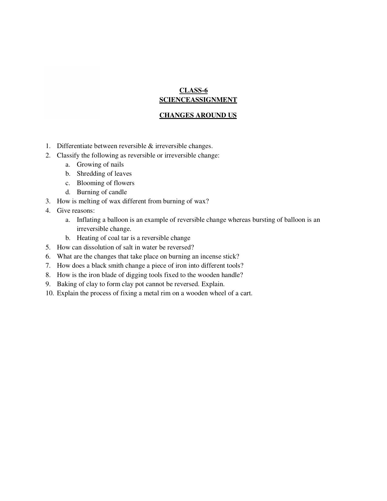 CBSE Worksheets for Class 6 Science Changes Around Us Assignment 1 ...