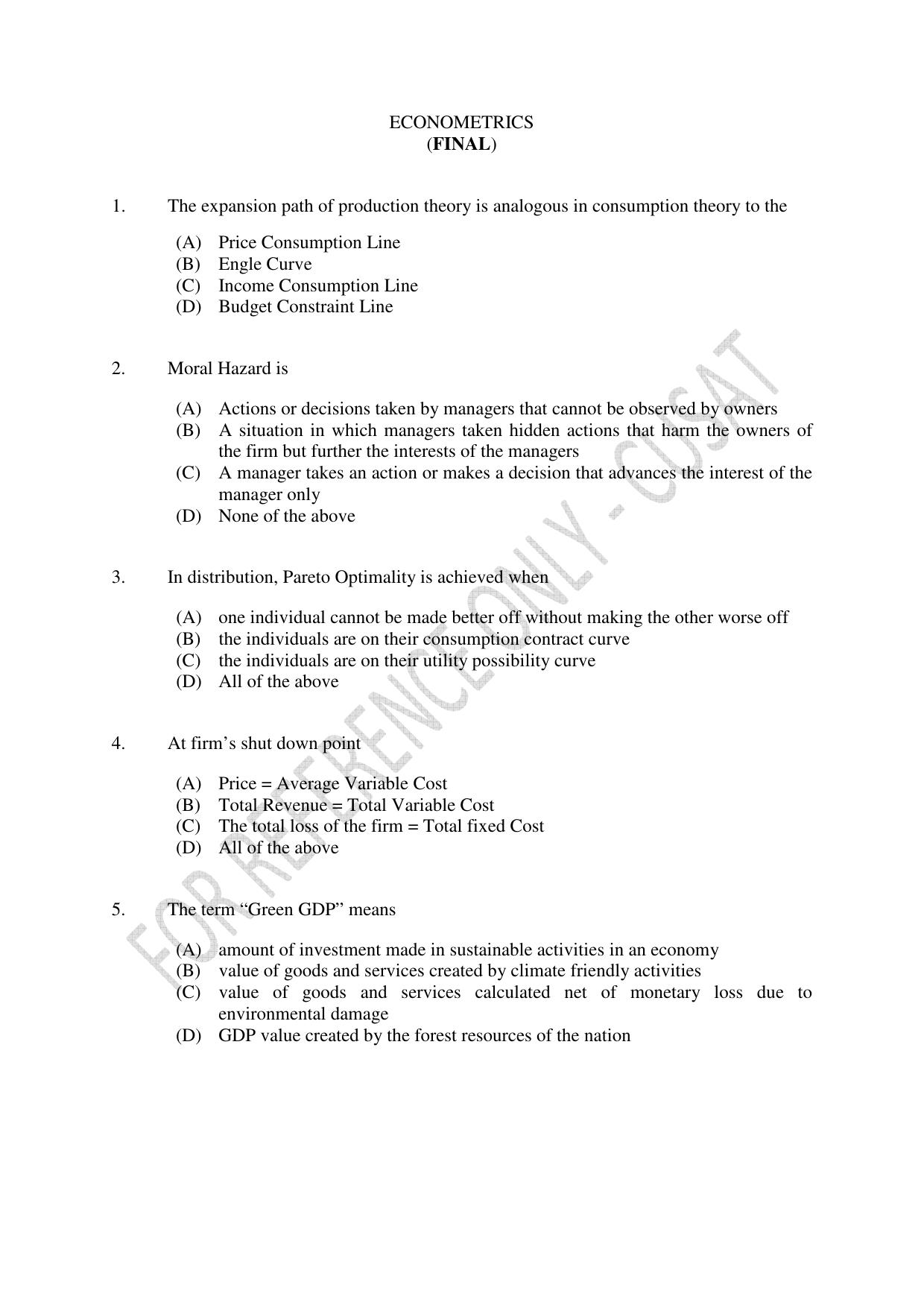 CUSAT CAT 2023 ECONOMETRICS Question Paper - IndCareer Docs