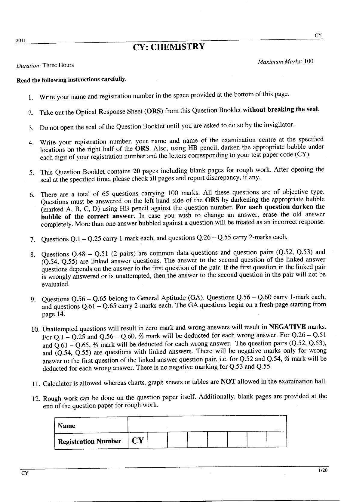 GATE 2011 Chemistry (CY) Question Paper with Answer Key - IndCareer Docs