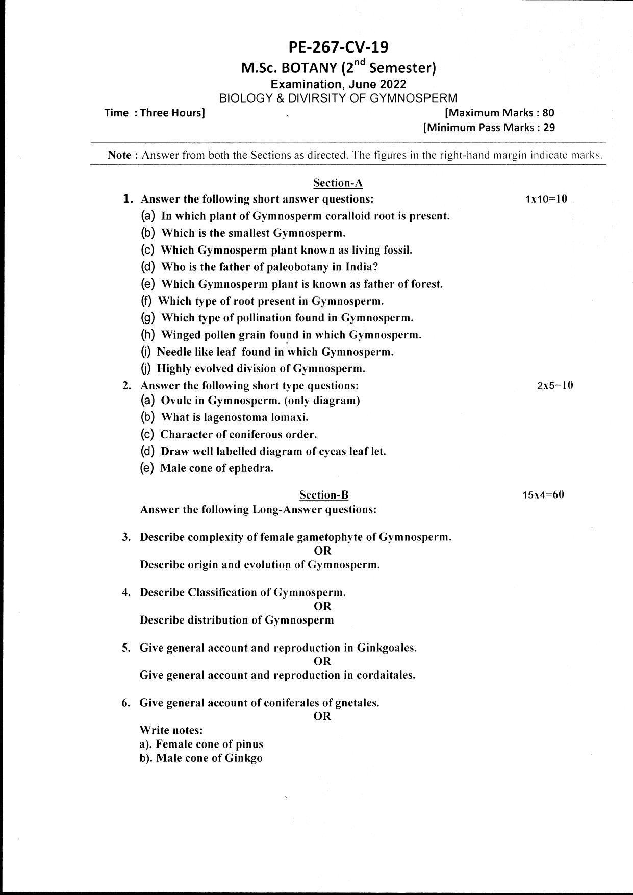 Bilaspur University Question Paper June 2022:M.Sc. Botony (Second ...