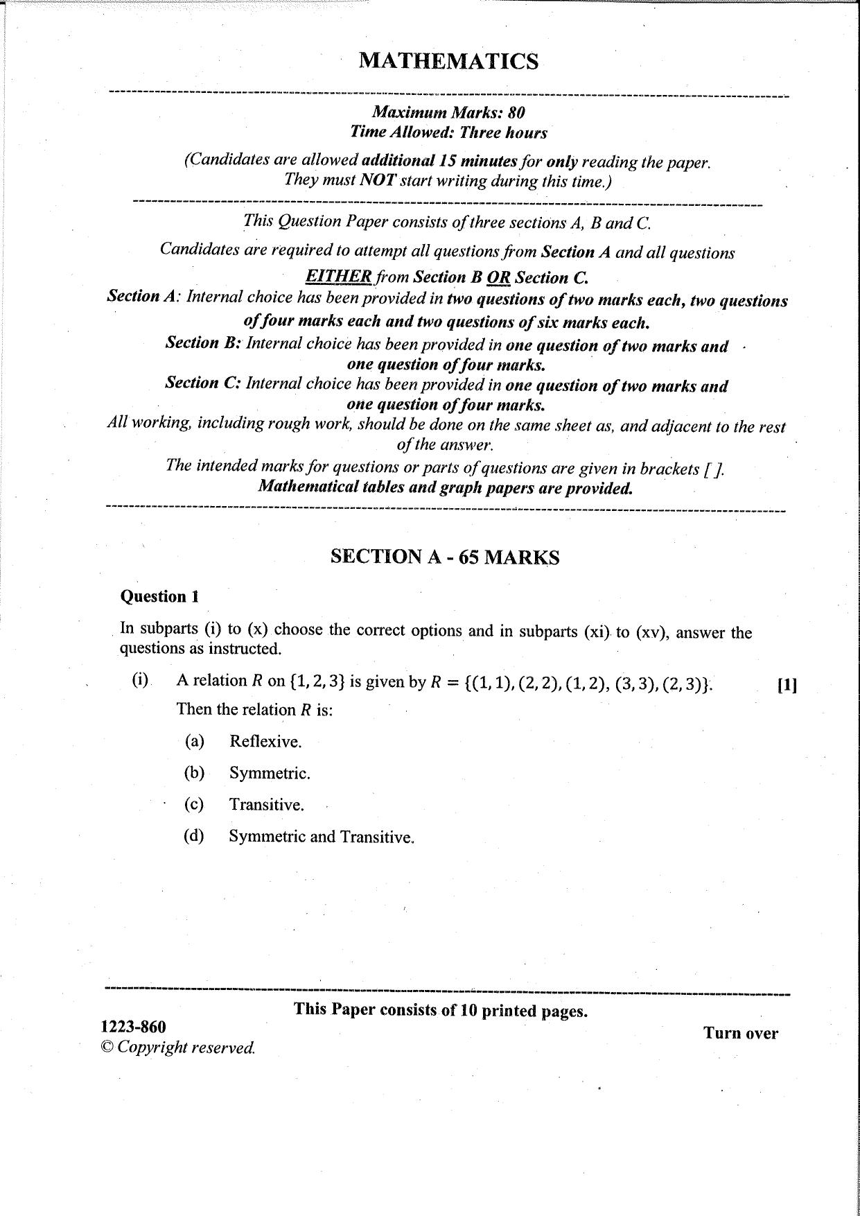 ISC Class 12 Maths 2023 Question Paper - IndCareer Docs