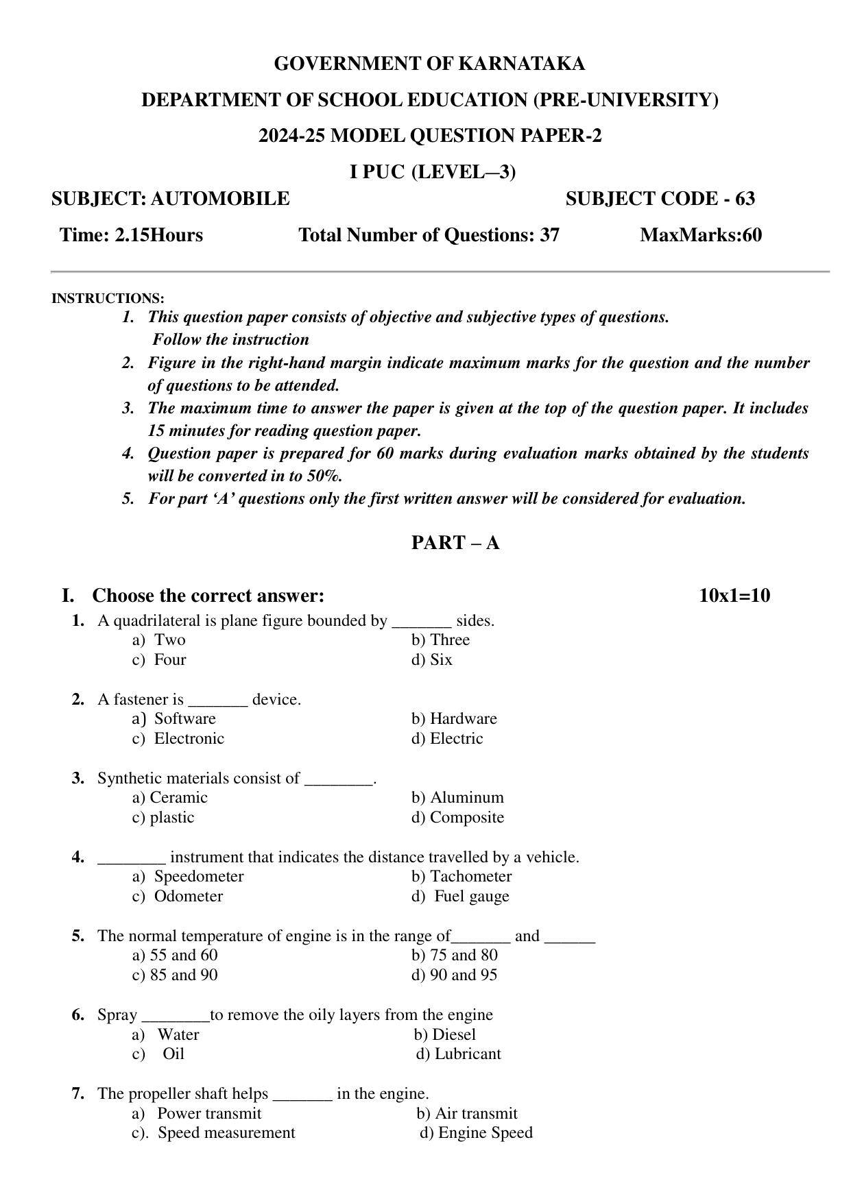 Karnataka 1st PUC Automobile 2 Model Question Paper 2025 - IndCareer Docs