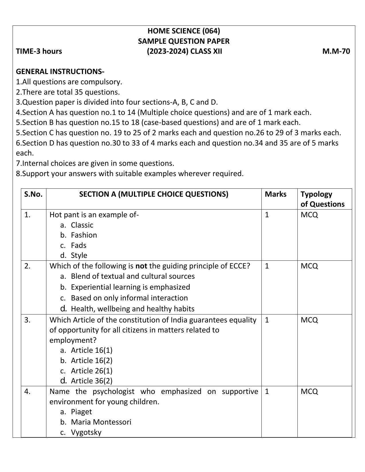 CBSE Class 12 Home Science Sample Paper 2024 - IndCareer Schools