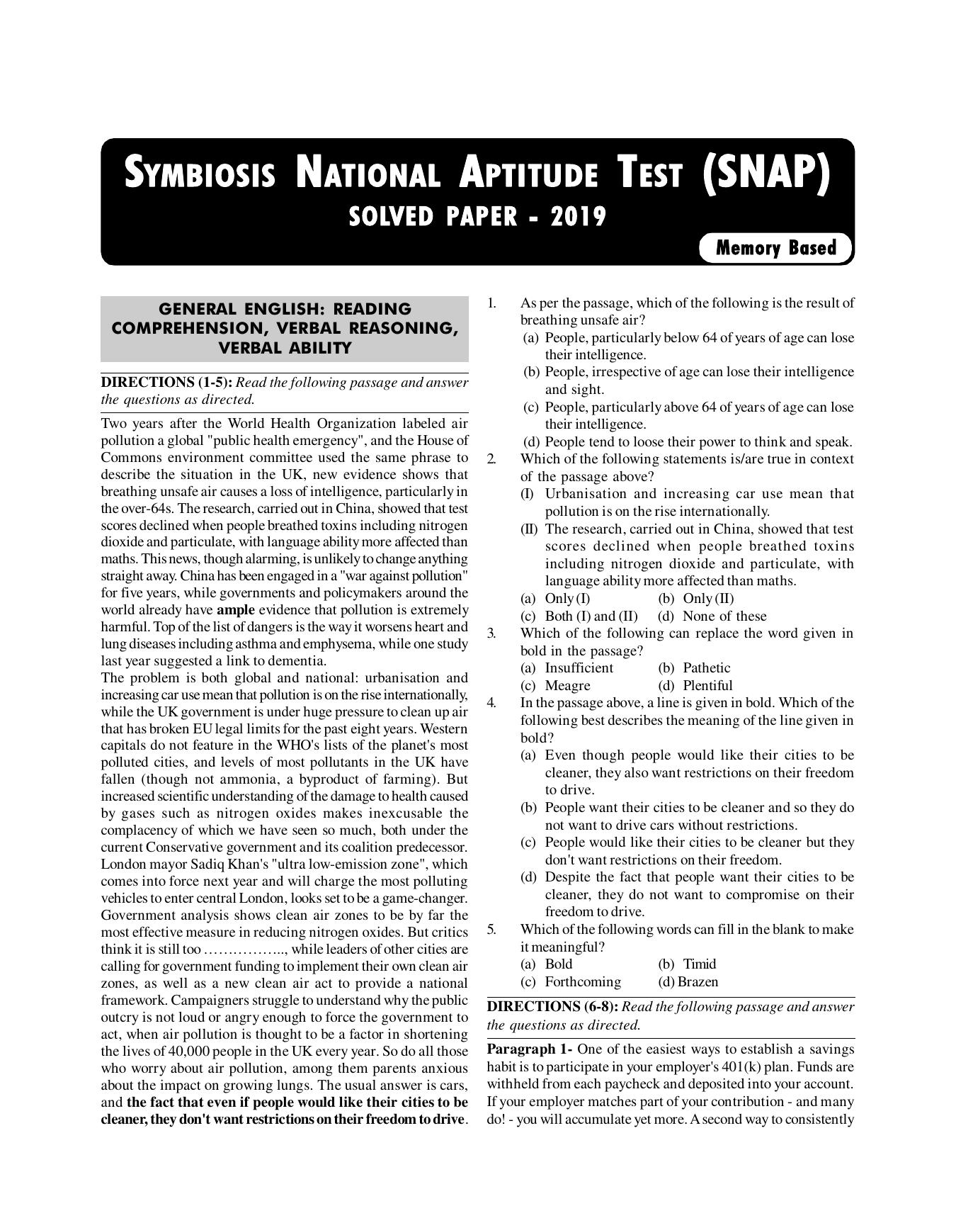 SNAP 2019 Question Paper with Solution - IndCareer Docs