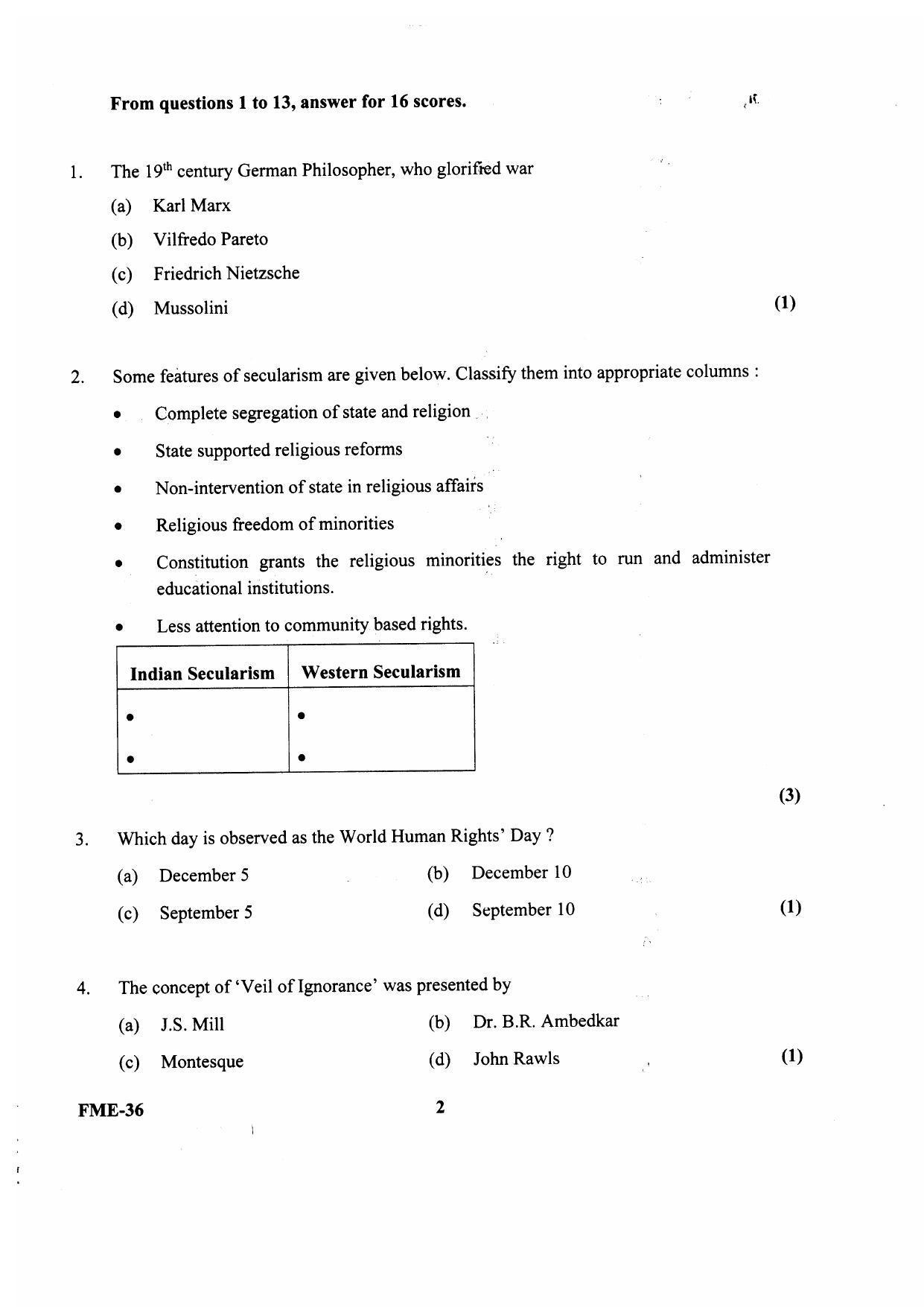 Kerala Plus One 2020 Political Science Question Papers (Model ...