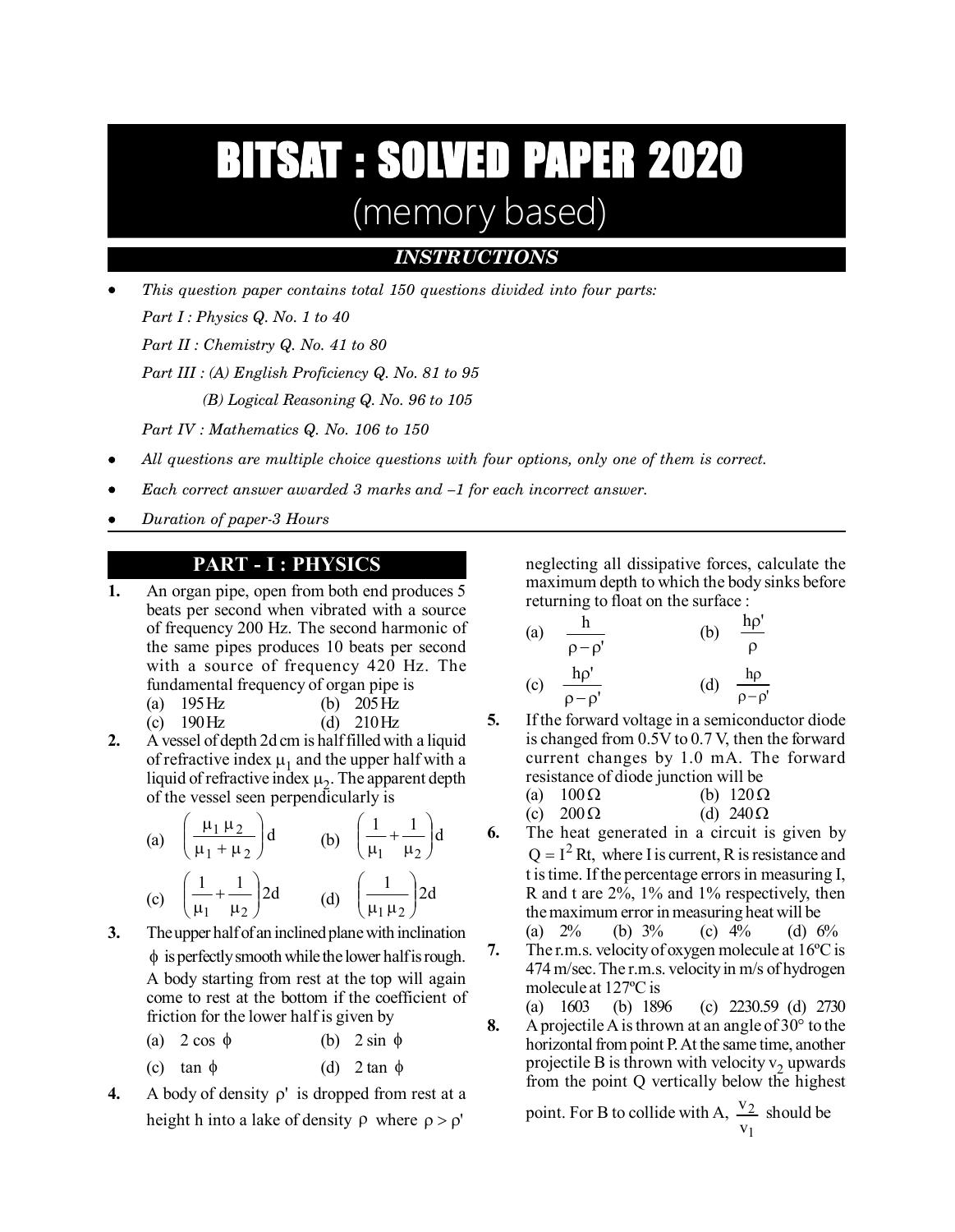 BITSAT 2020 Question Paper - IndCareer Docs