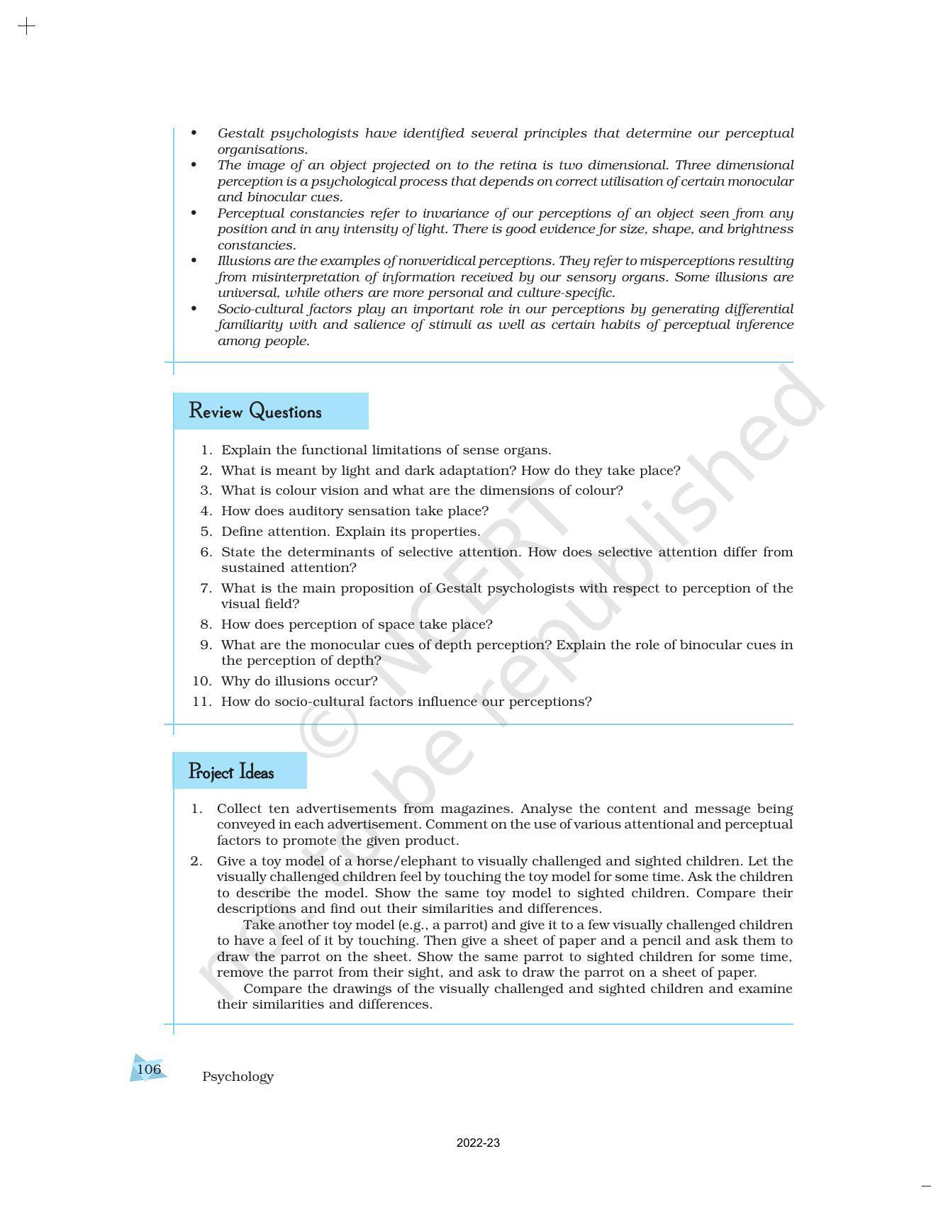 NCERT Book for Class 11 Psychology Chapter 5 Sensory