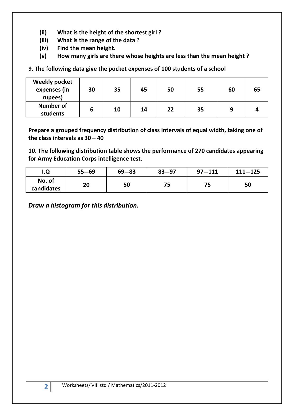 CBSE Worksheets for Class 8 Mathematics Data Handling Assignment 1 - IndCareer Docs