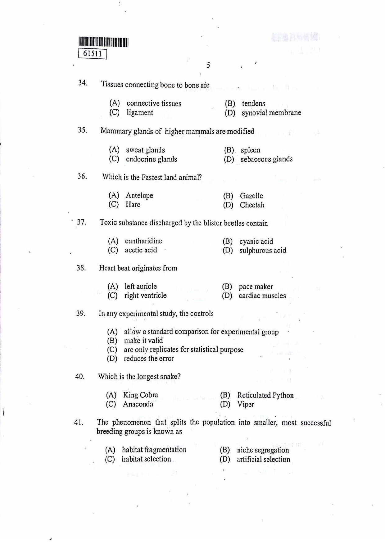 CUSAT CAT 2011 Zoology Question Paper - IndCareer Docs