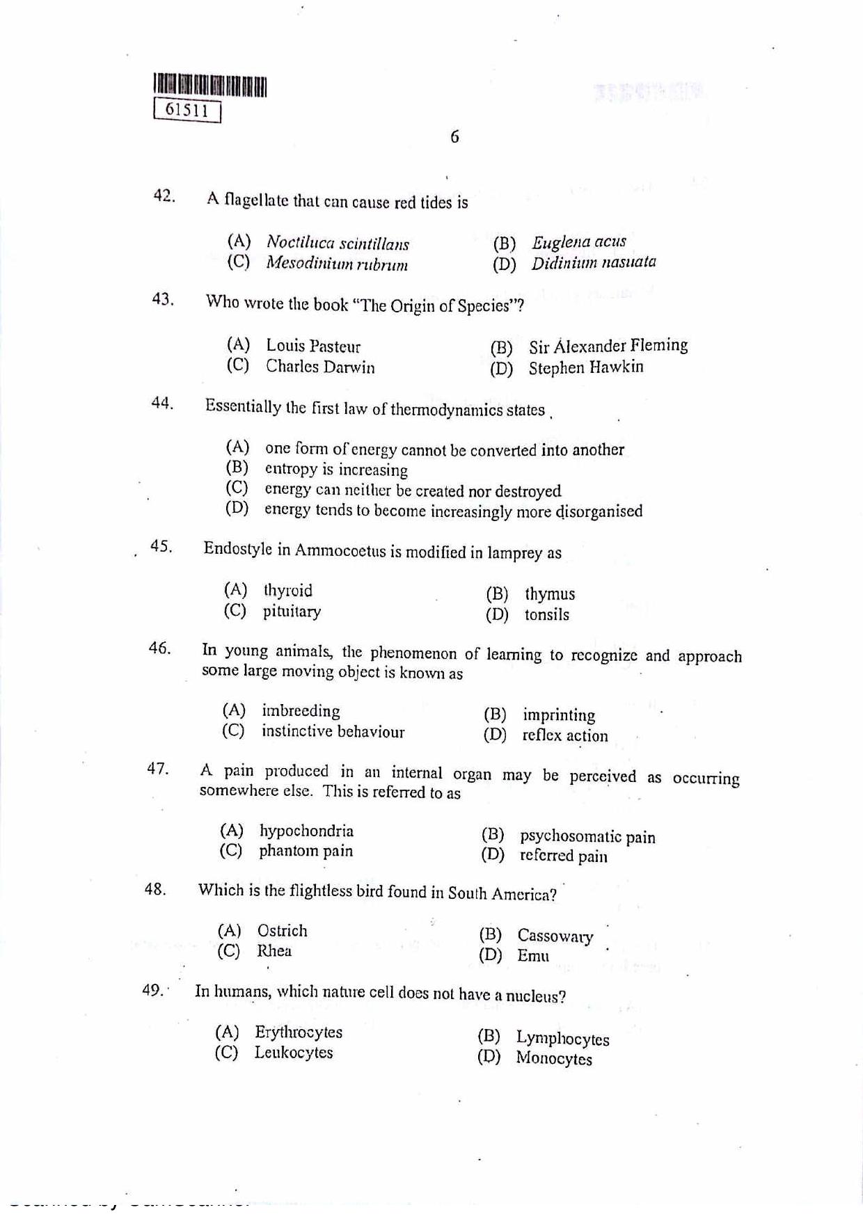 CUSAT CAT 2011 Zoology Question Paper - IndCareer Docs
