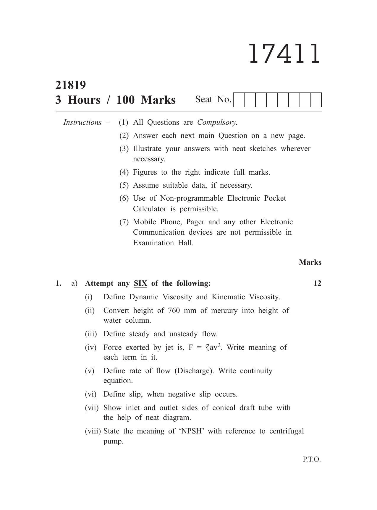 MSBTE Summer Question Paper 2019 - FLUID MECHANICS AND MACHINERY ...