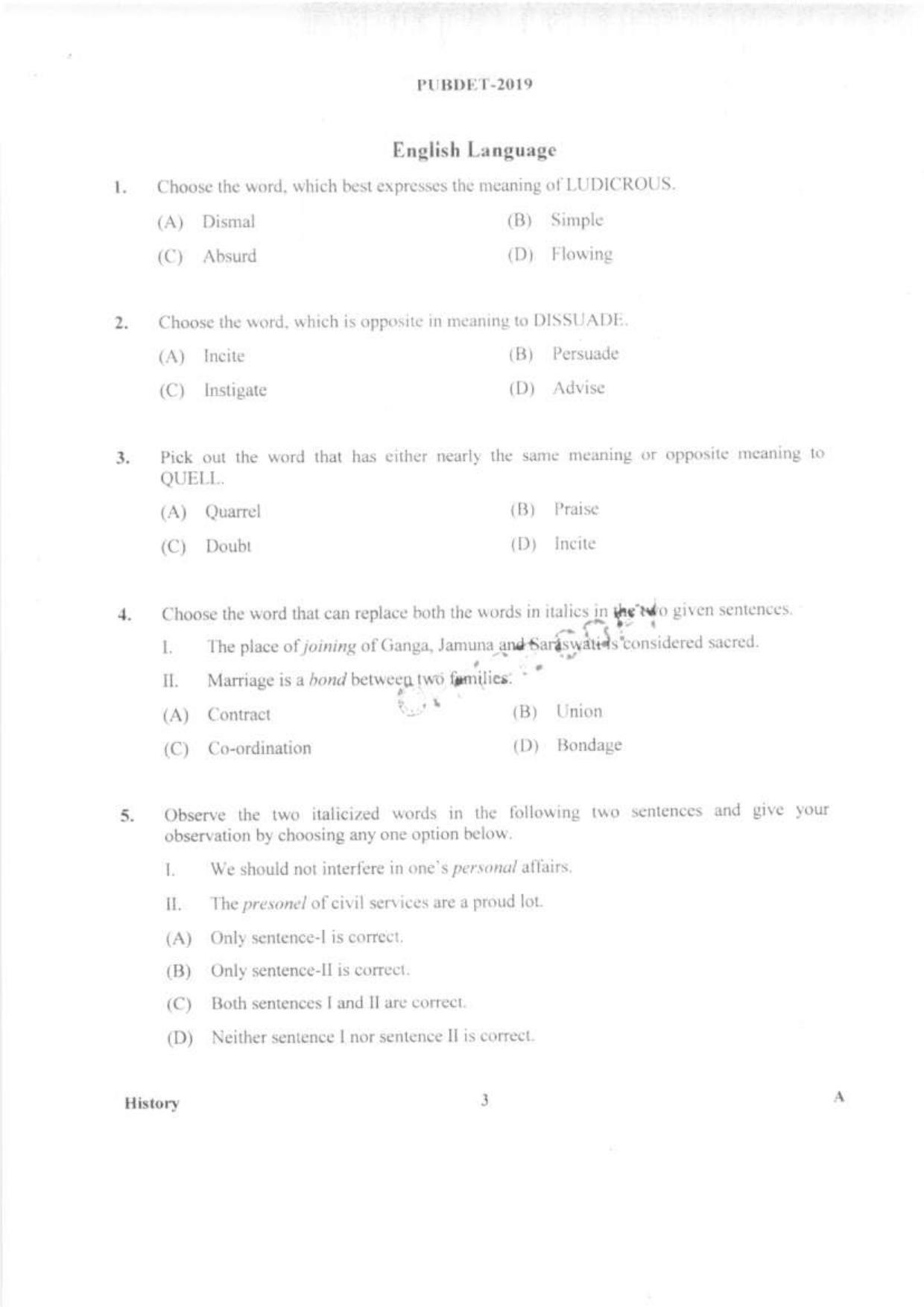 PUBDET 2019 History Question Paper - IndCareer Docs
