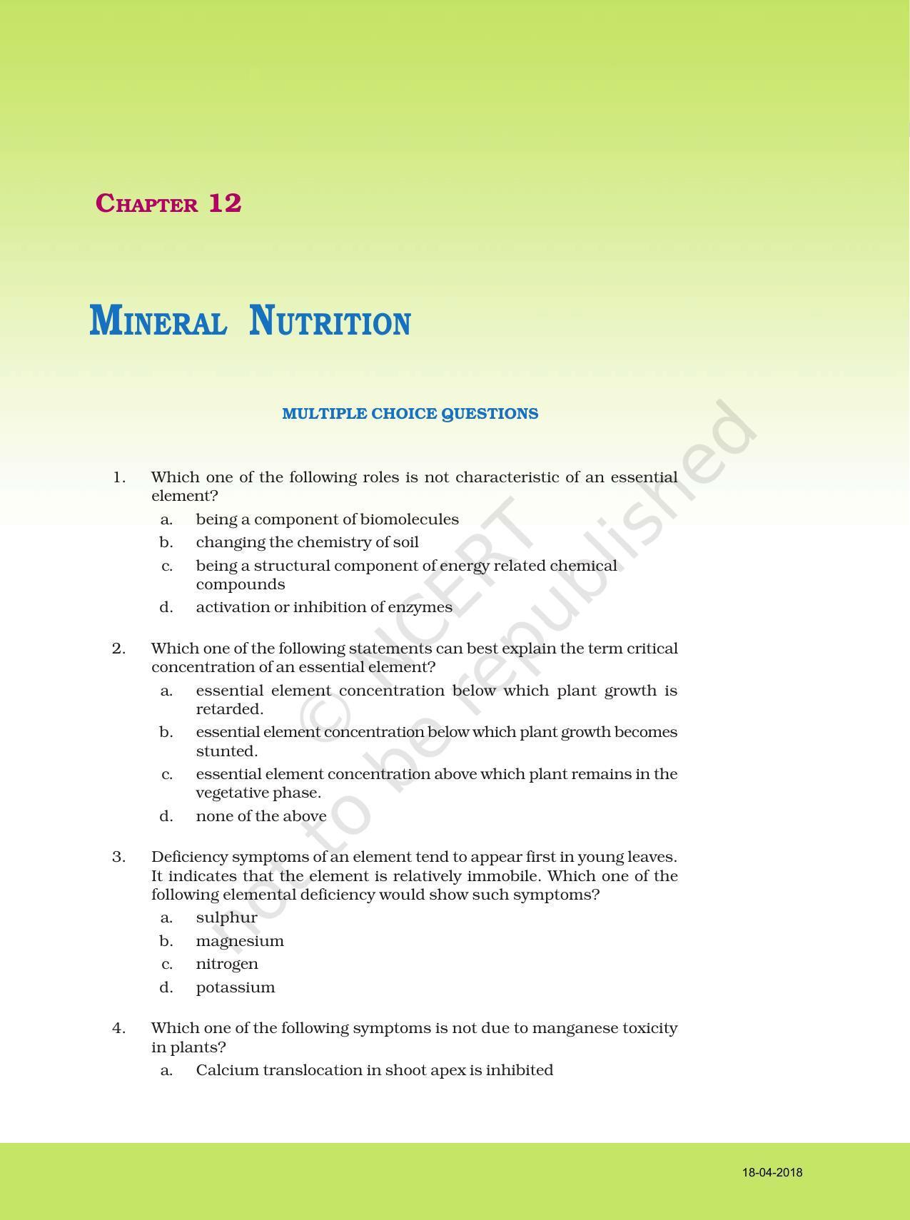NCERT Exemplar Book for Class 11 Biology Chapter 12 Mineral Nutrition