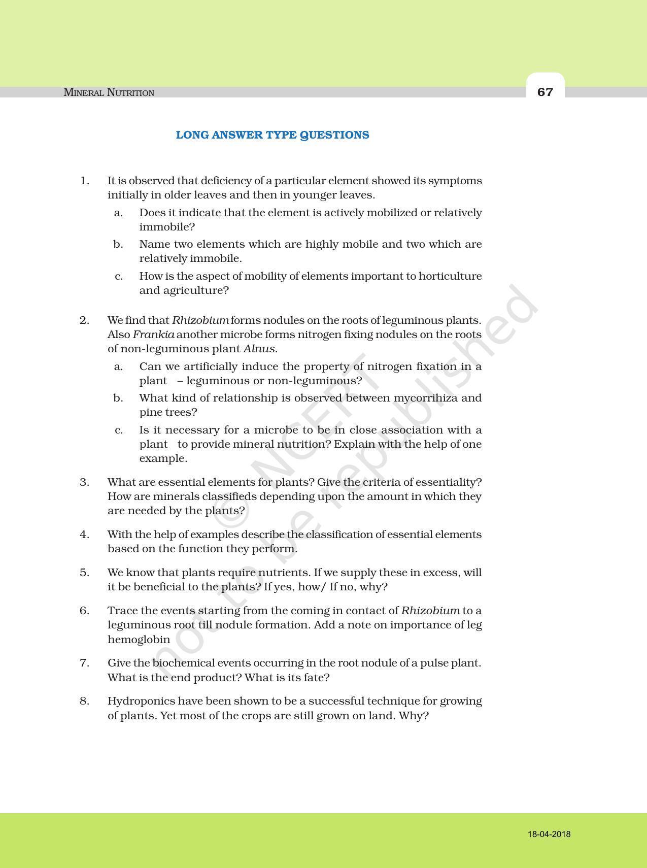 NCERT Exemplar Book for Class 11 Biology Chapter 12 Mineral Nutrition