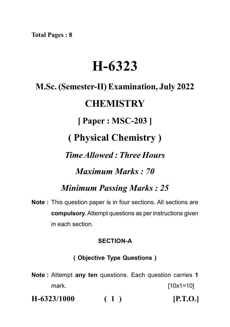 Sarguja University Question Paper July-2022 : M.Sc. Chemistry (Second ...