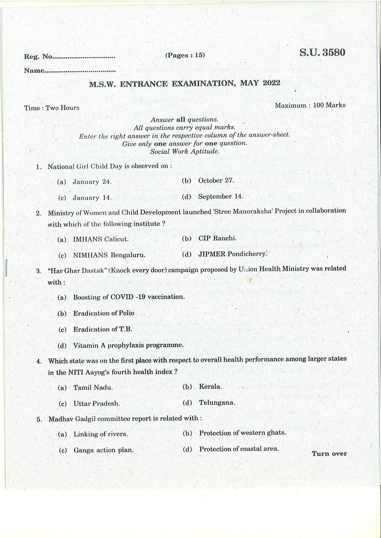 SSUS Entrance Exam MSW 2022 Question Paper - IndCareer Docs