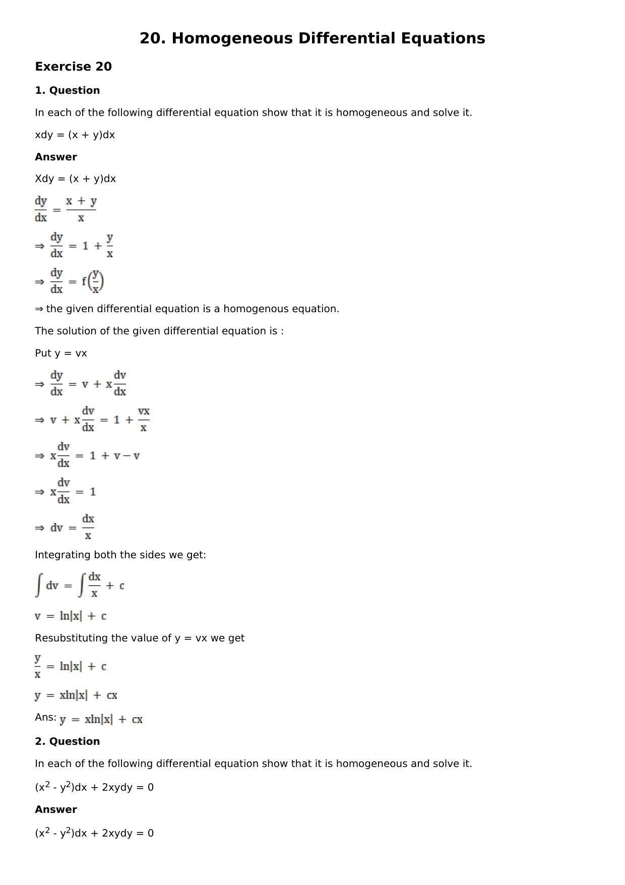 RS Aggarwal Solutions for 12th Class Maths Chapter 20-Homogeneous Differential Equations ...