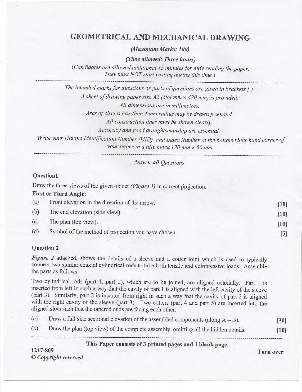 ISC Class 12 2017 GEOMETRICAL & MECHANICAL DRAWING Question Paper ...