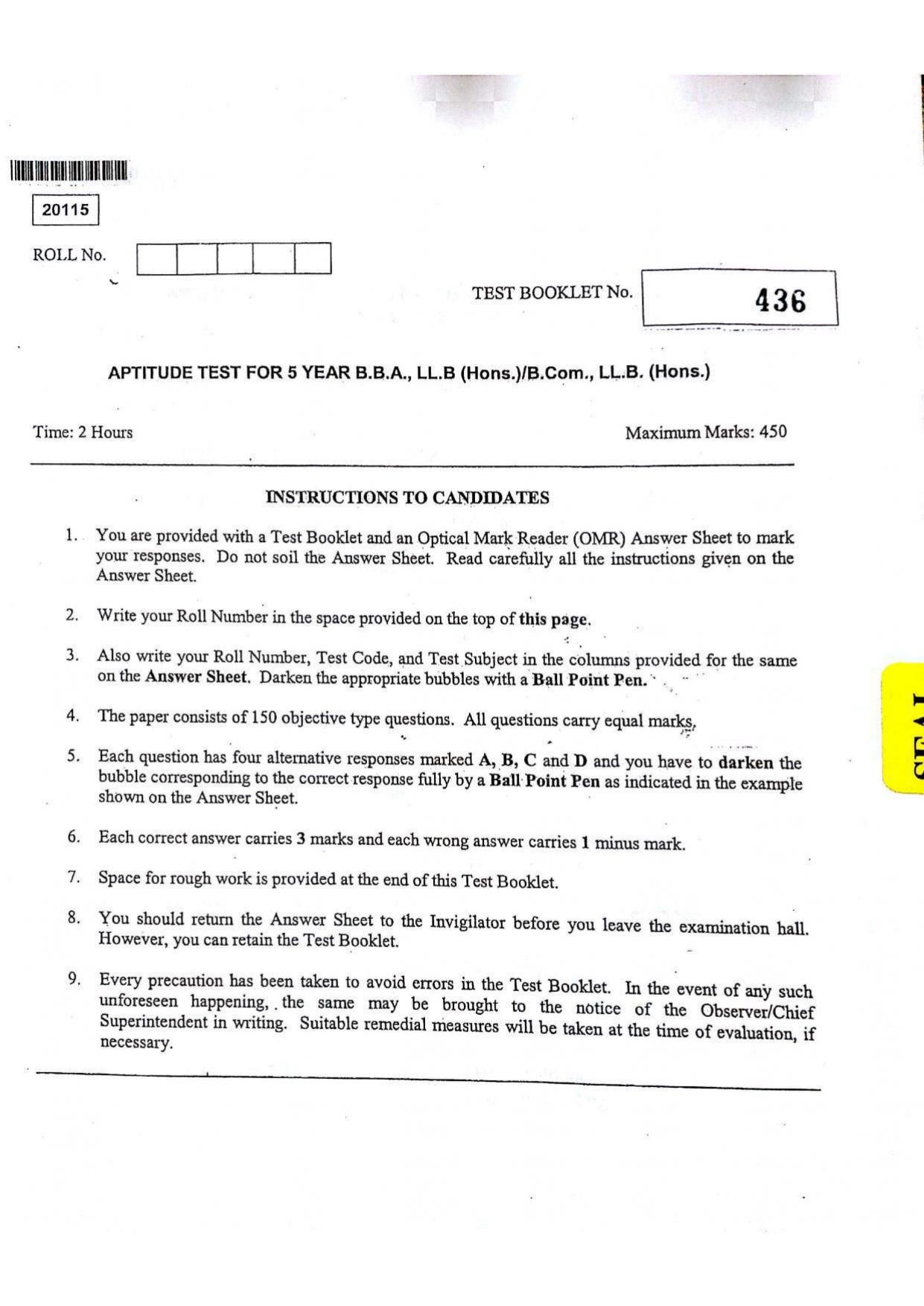 CUSAT CAT 2015 BBA & LLB (Hons) Question Paper - IndCareer Docs