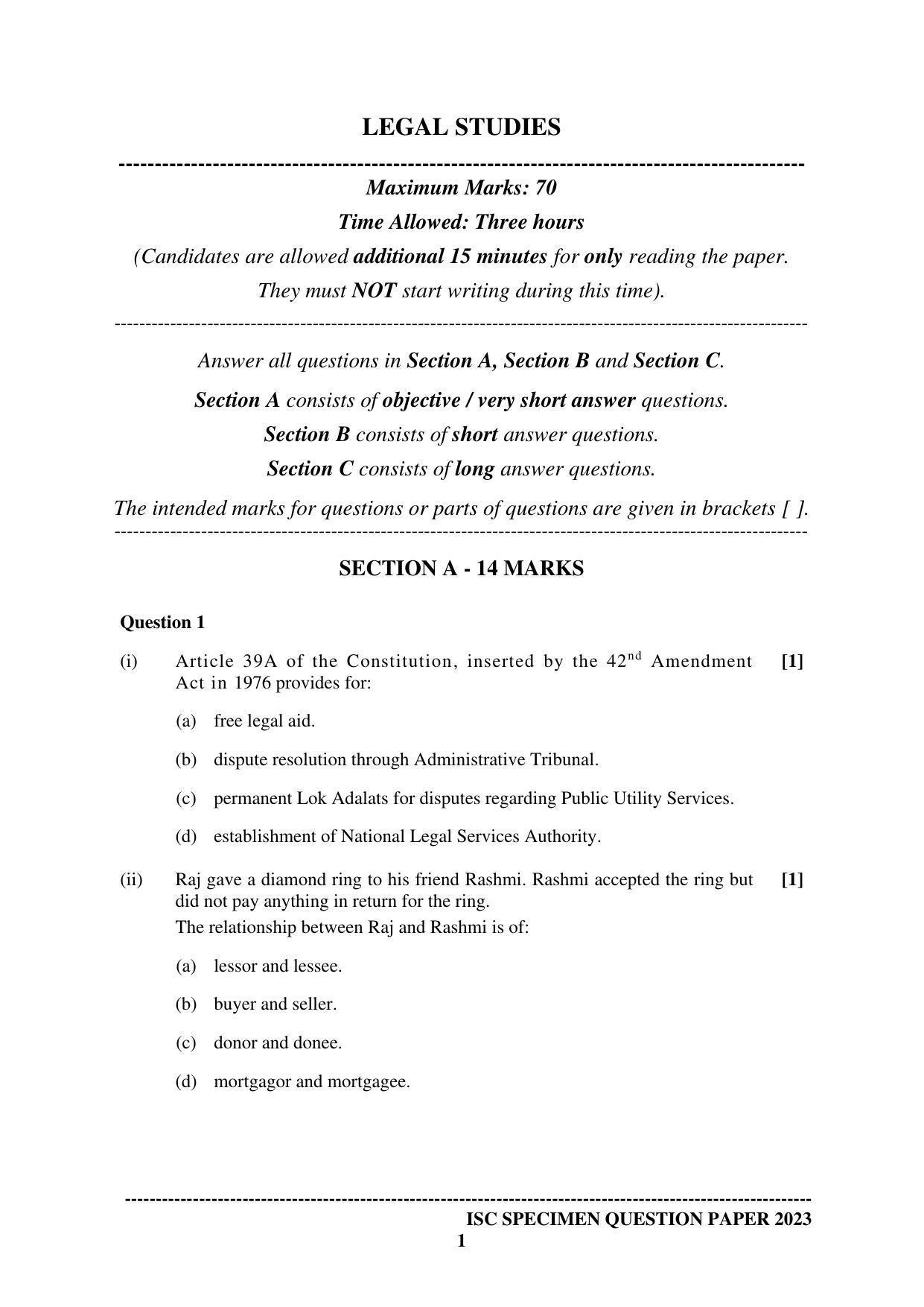 ISC Class 12 Legal Studies Sample Paper 2023 - IndCareer Docs