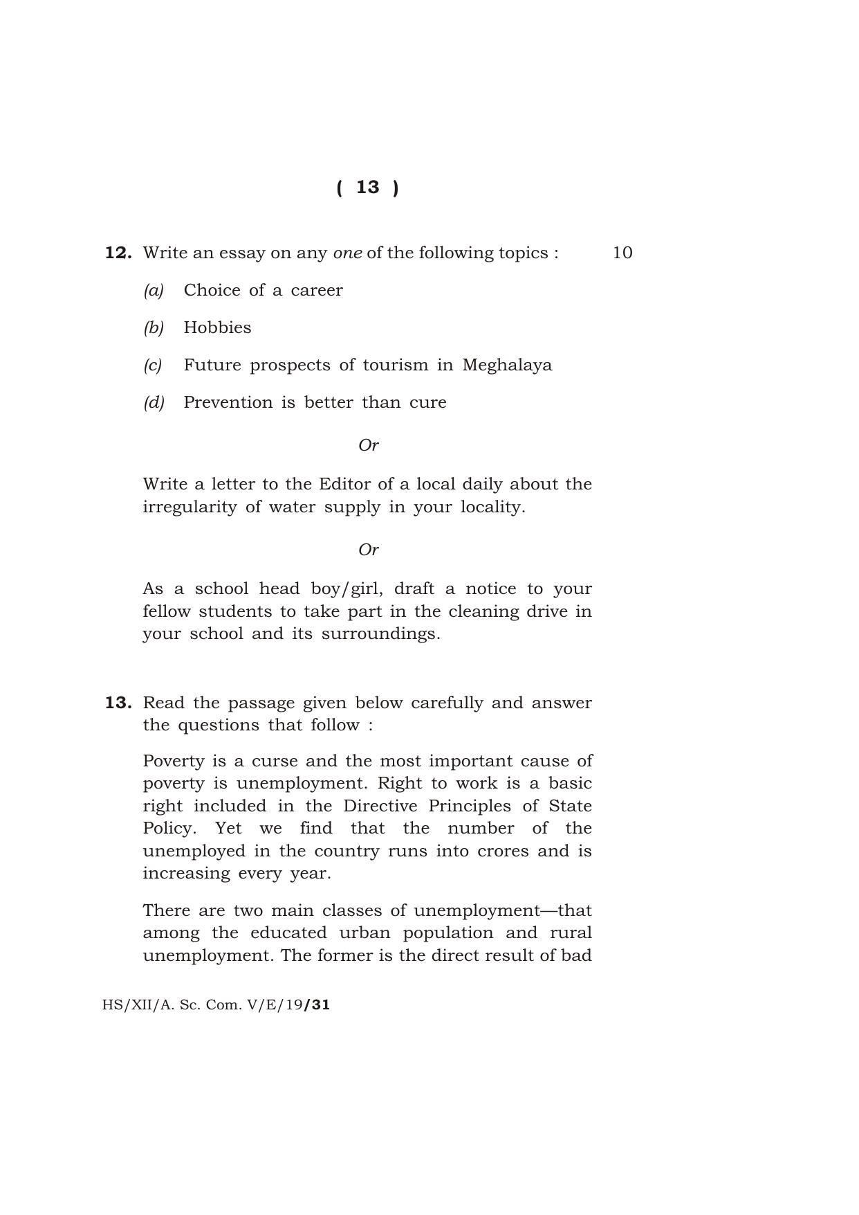Meghalaya Board (MBOSE) Class 12 ENGLISH 2019 Question Paper ...