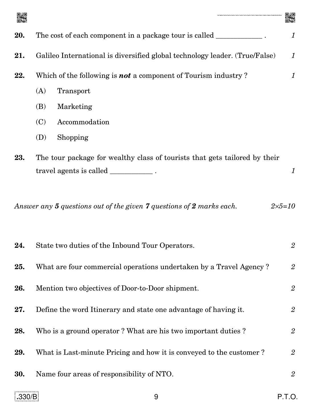 CBSE Class 12 Tourism 2020 Compartment Question Paper - IndCareer Docs