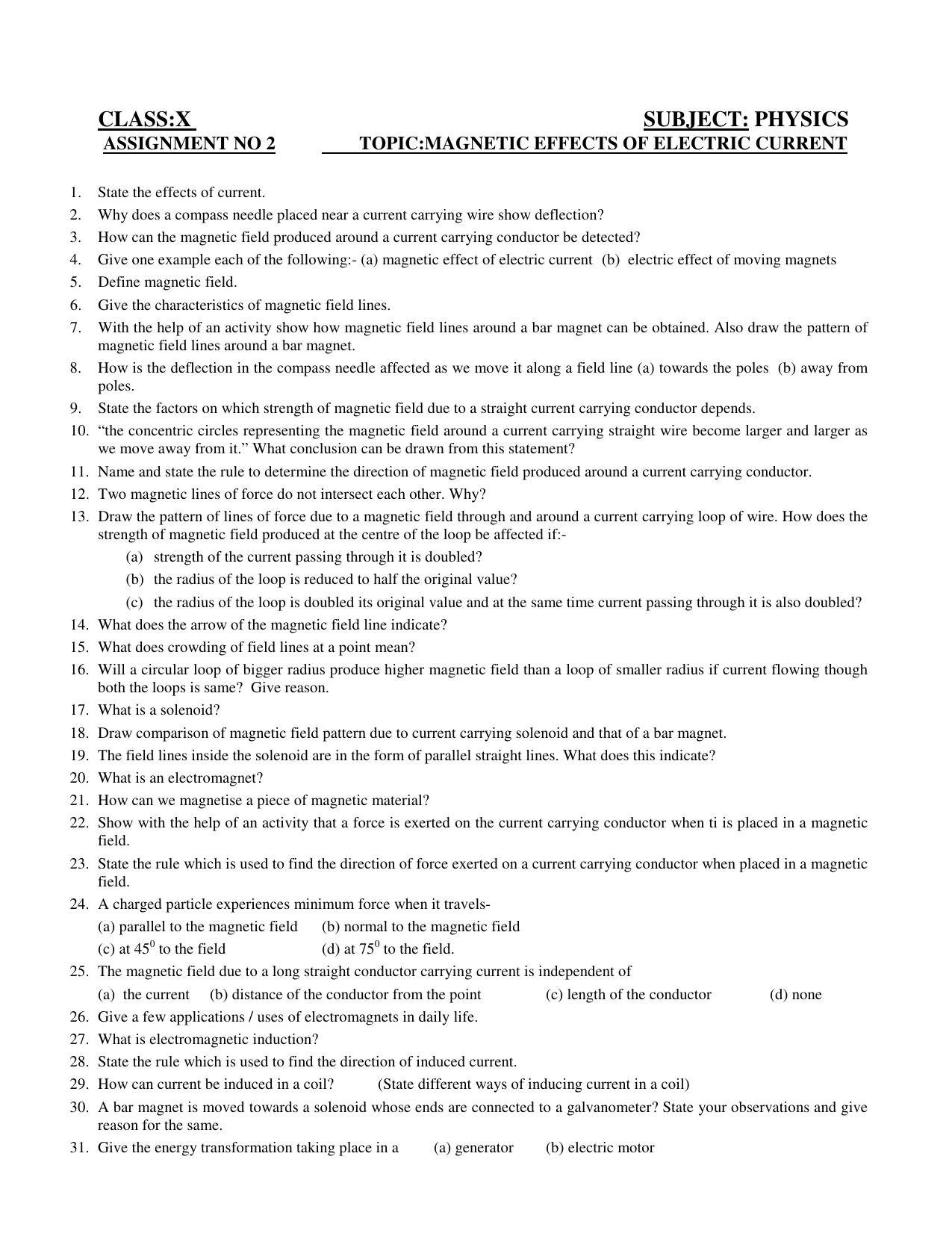 CBSE Worksheets for Class 10 Physics Assignment 2 - IndCareer Docs