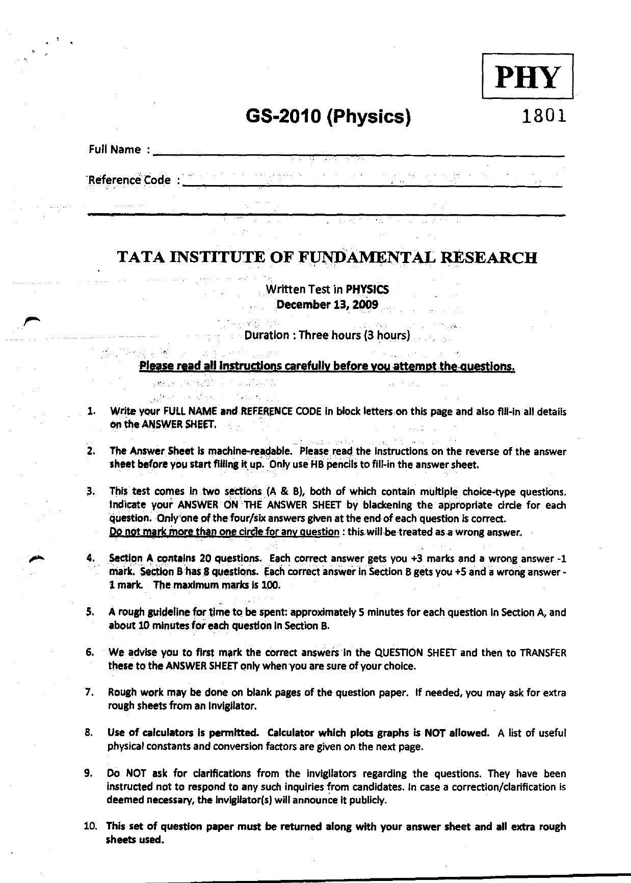 TIFR GS 2010 Physics Question Paper - IndCareer Docs