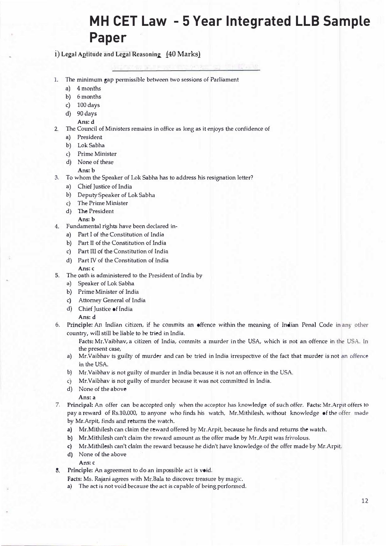 MH CET Law - 5 Year Integrated LLB Sample Paper - IndCareer Docs