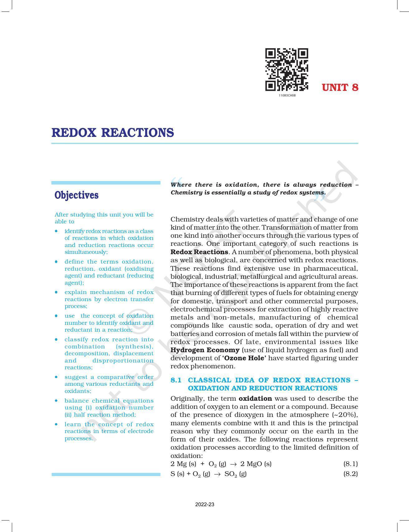 NCERT Book for Class 11 Chemistry Chapter 8 Redox Reactions