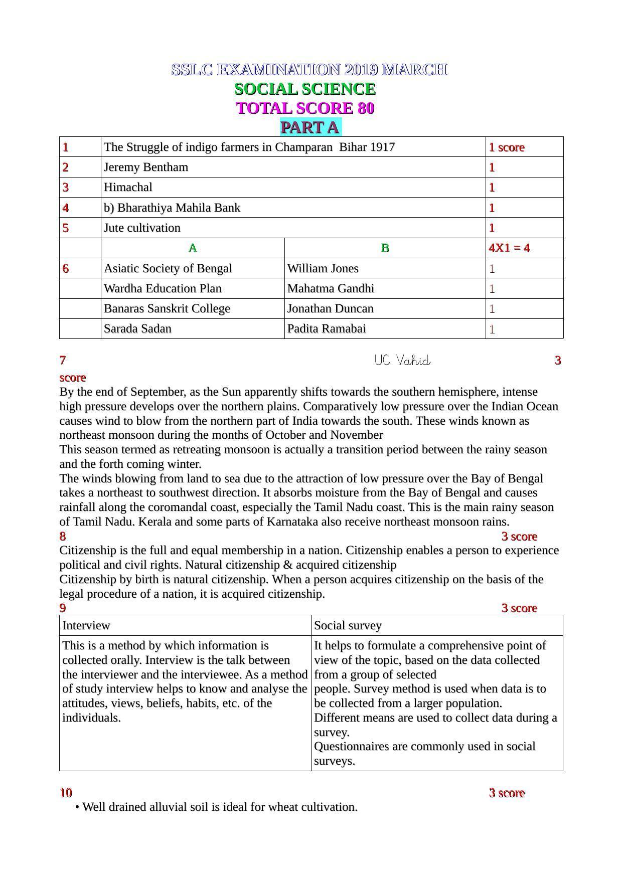 Kerala SSLC 2019 Social Science Answer Key (EM) - IndCareer Docs